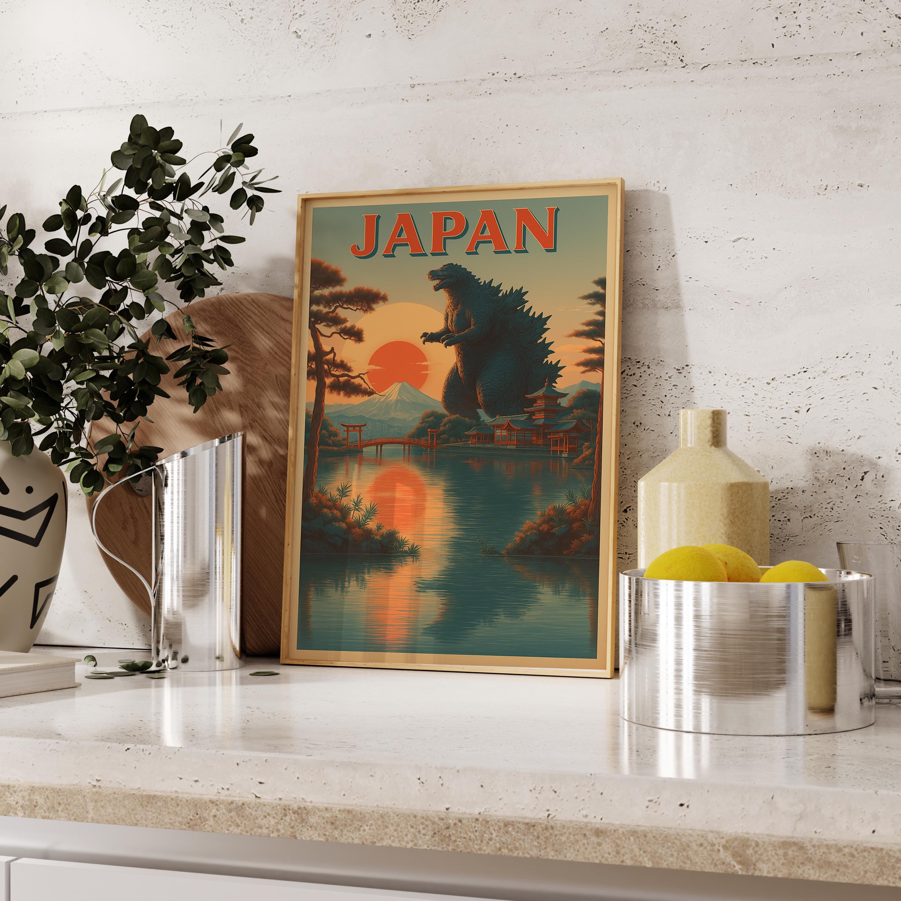 Japan Travel Poster, Godzilla Print, Vintage Japanese Wall Decor, Mount ...