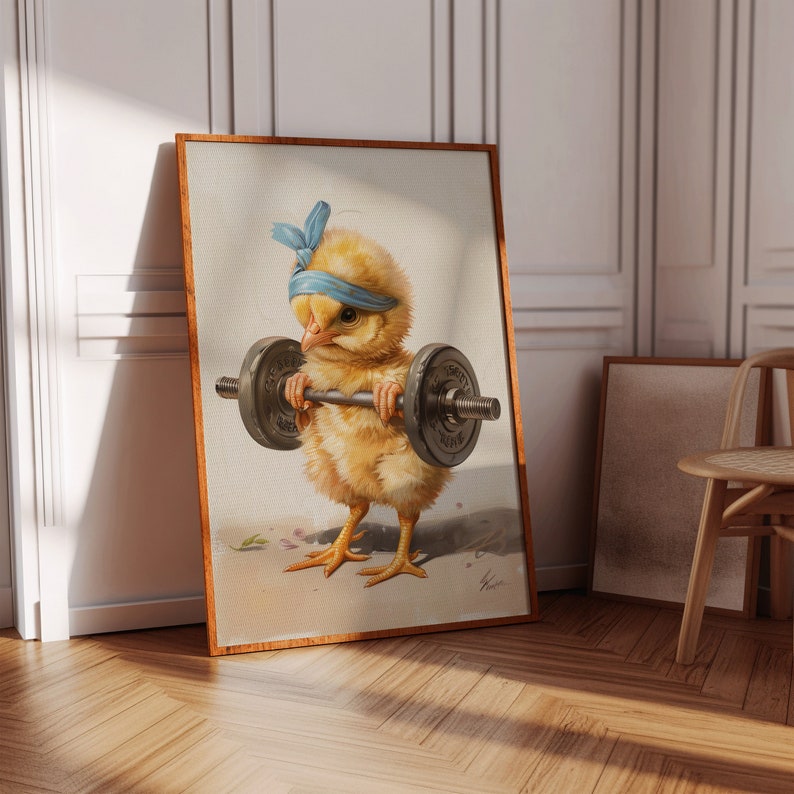 Baby Chicken Lifting Weights Painting, Funny Chick Workout Poster, Cute ...
