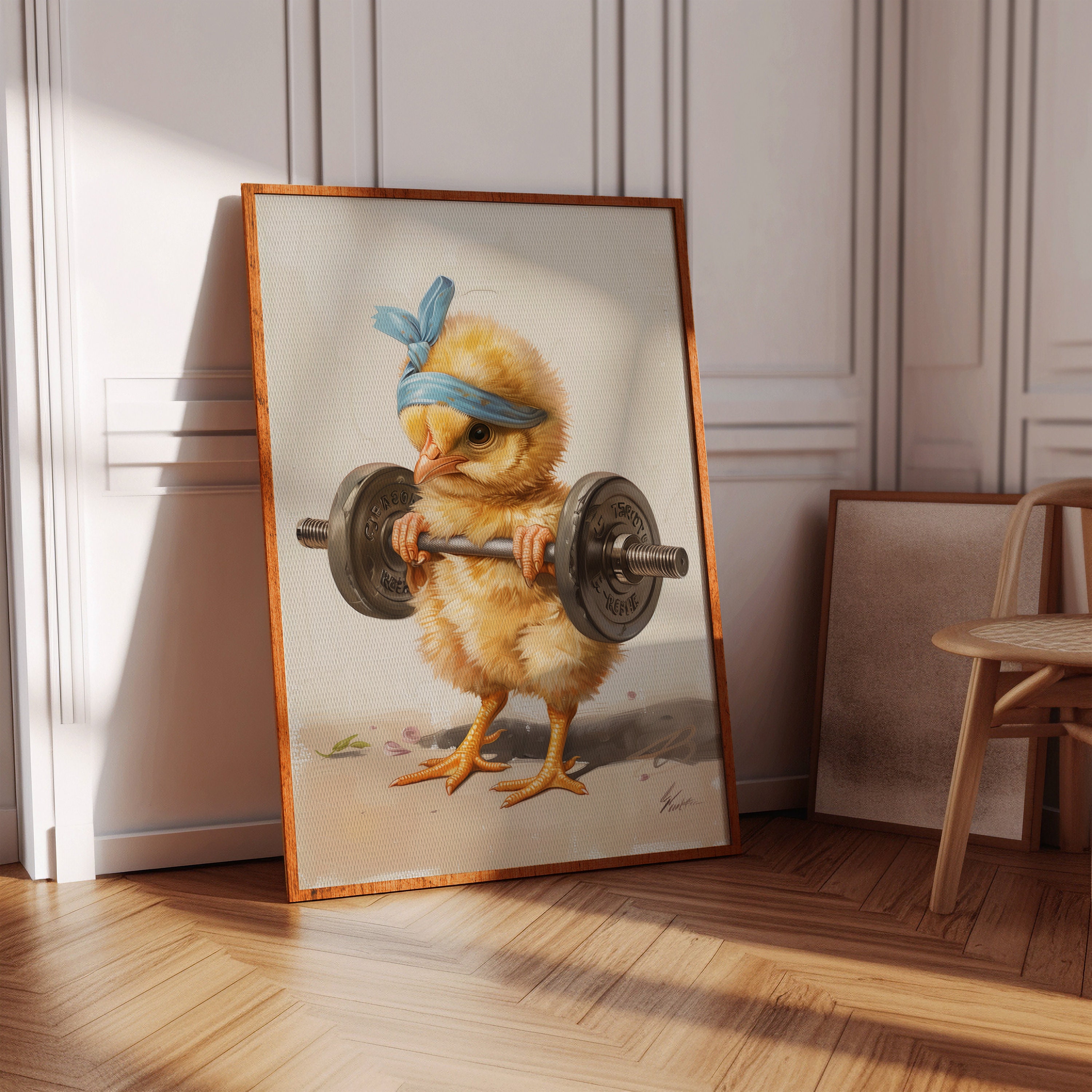 Baby Chicken Lifting Weights Painting, Funny Chick Workout Poster, Cute ...