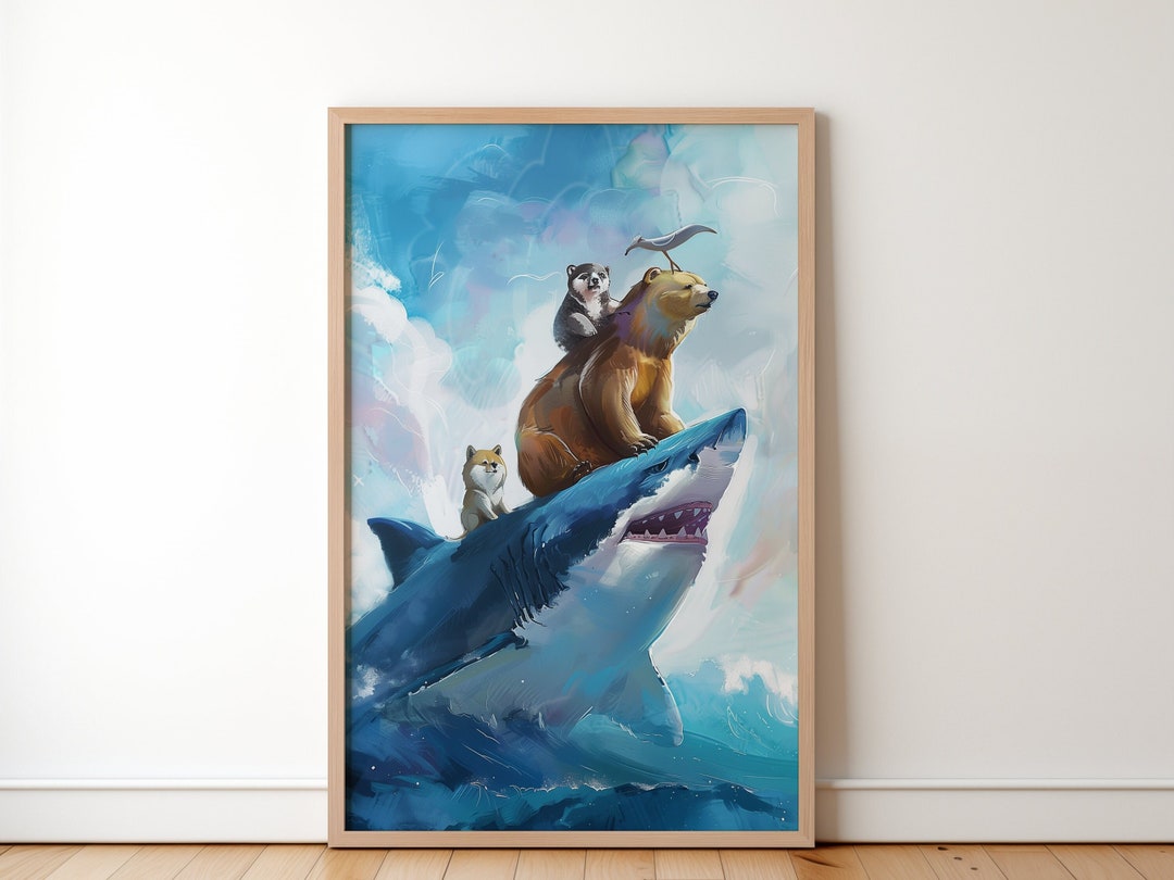 Animals Joyriding A Great White Shark Painting, Funny Bear Poster, Cute ...
