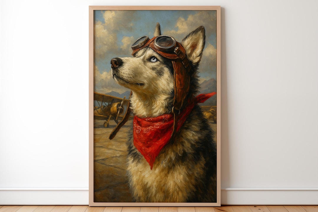 Aviator Dog Art Print: Whimsical Husky Pilot, Vintage Aviation Poster ...