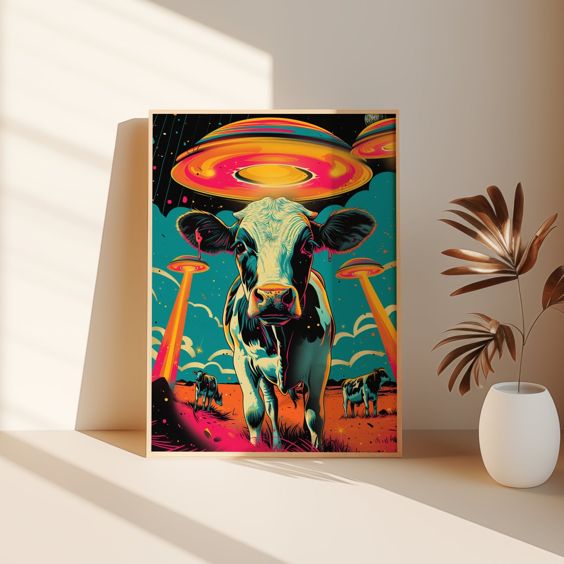 Cow Abduction by Aliens Pop Art, Two Headed Cow Funny Animal Wall Decor ...