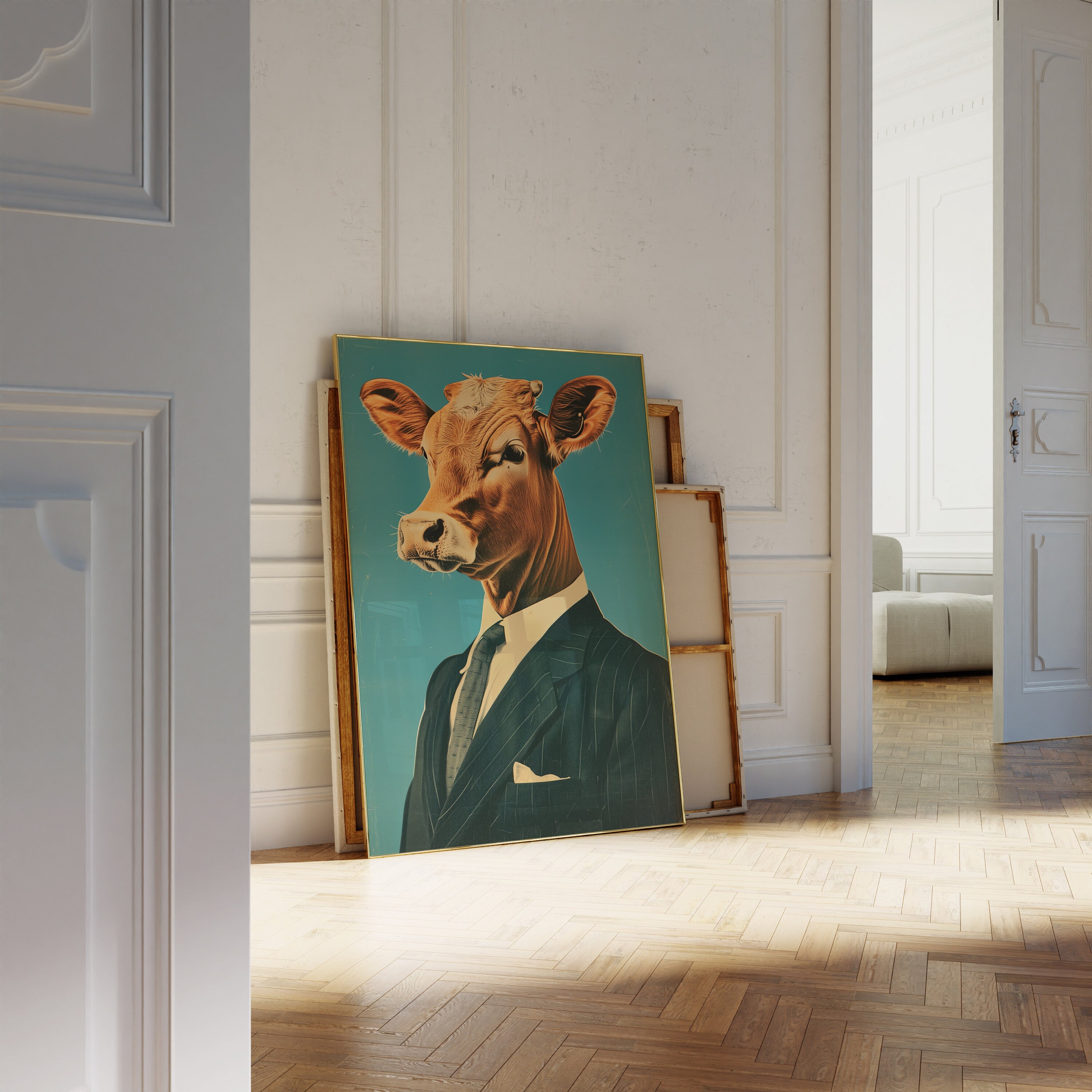 Retro Cow Wearing a Suit Poster, Vintage Office Art, Funny Cow Portrait ...