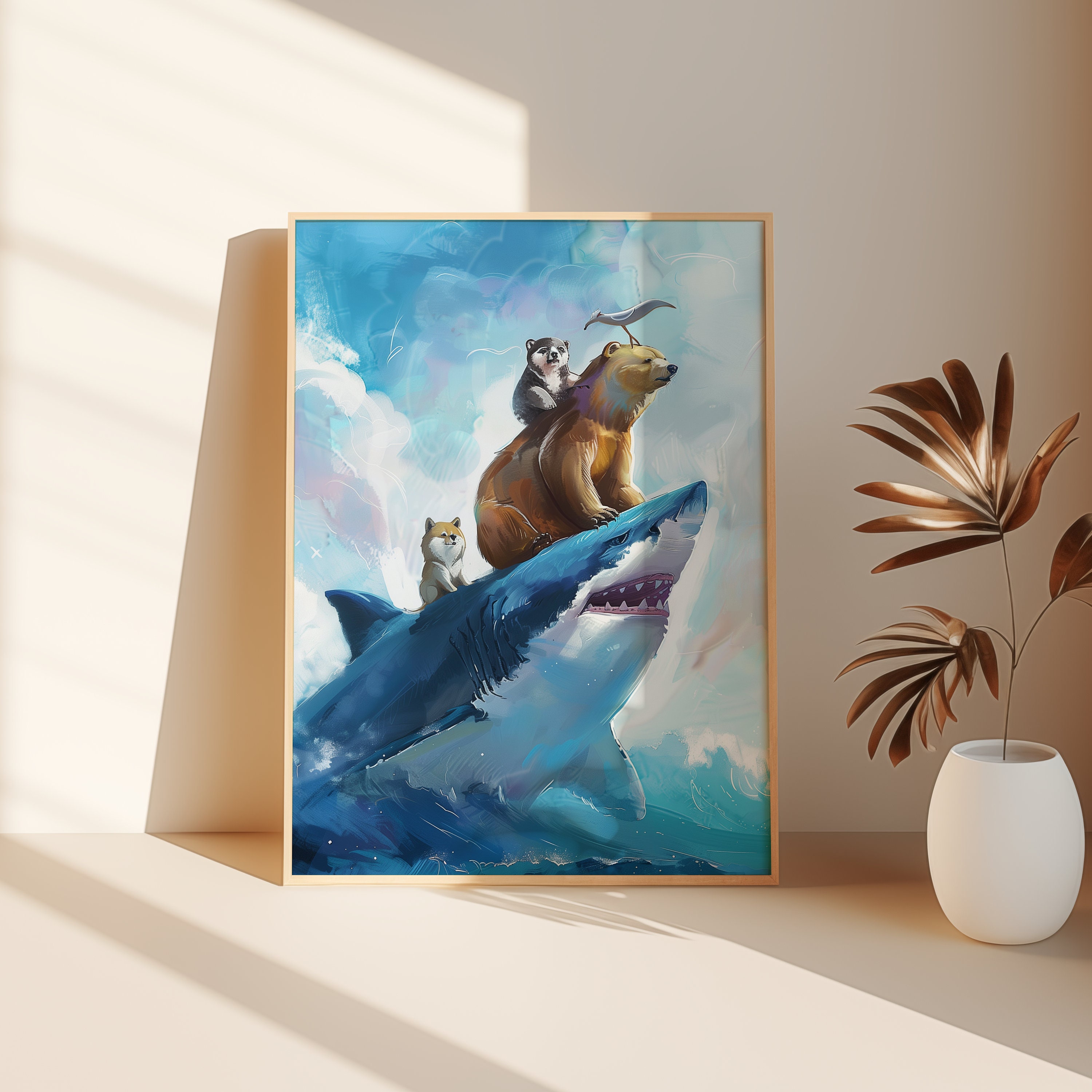 Animals Joyriding A Great White Shark Painting, Funny Bear Poster, Cute ...