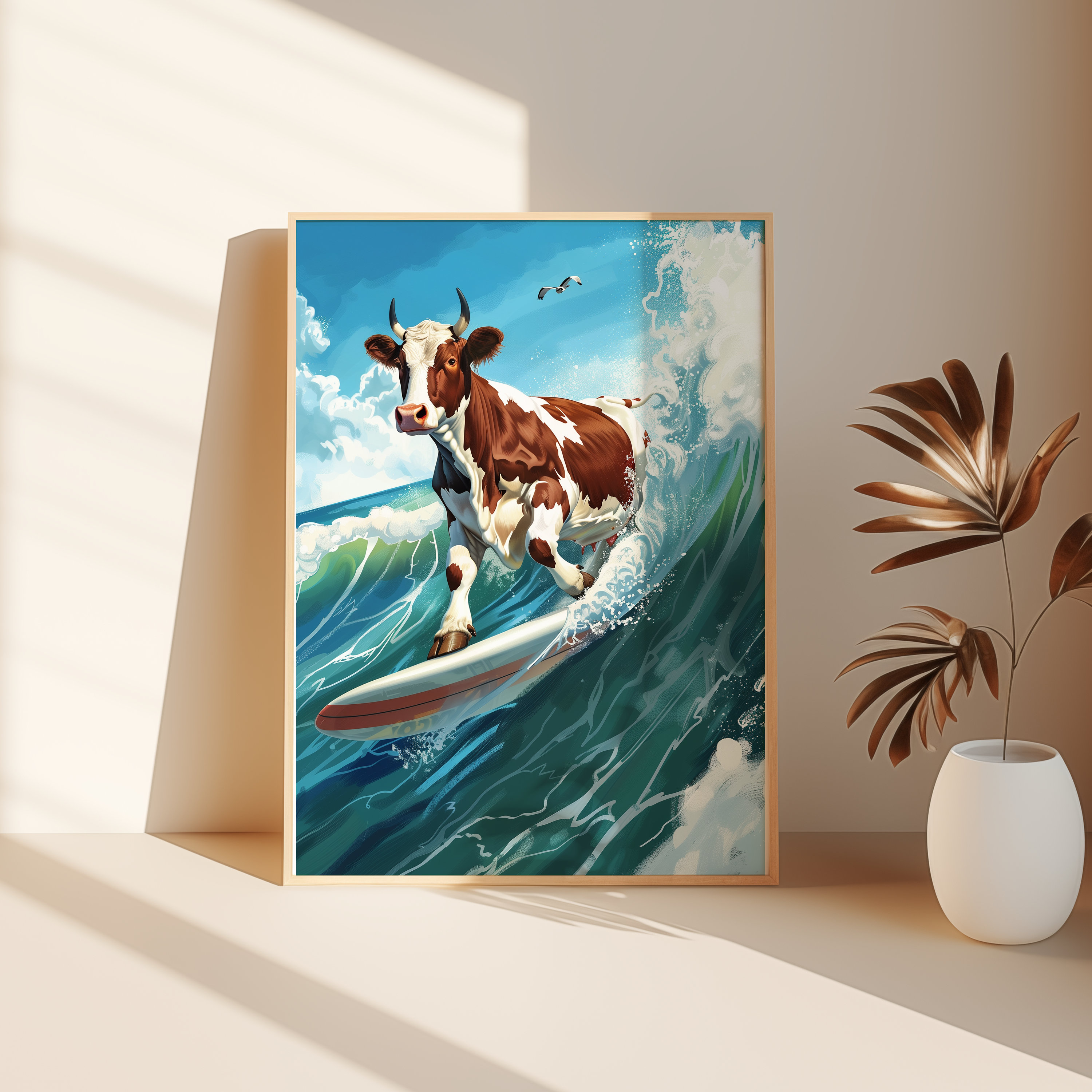 Cow-abunga Cow Surfing the Waves Painting, Funny Animal Wall Decor ...