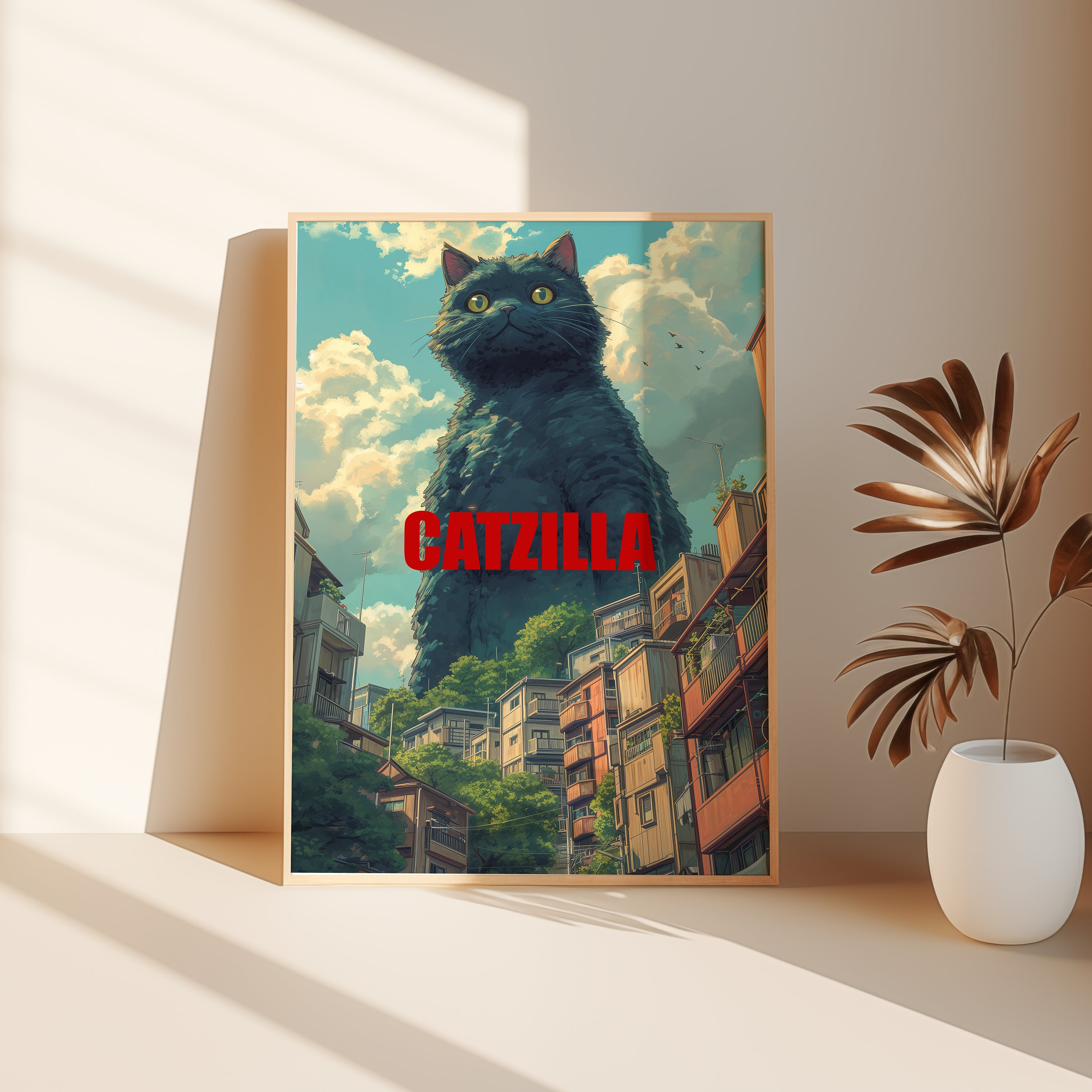 Studio Ghibli Catzilla Over Large Buildings in Tokyo Poster, Cute Black ...