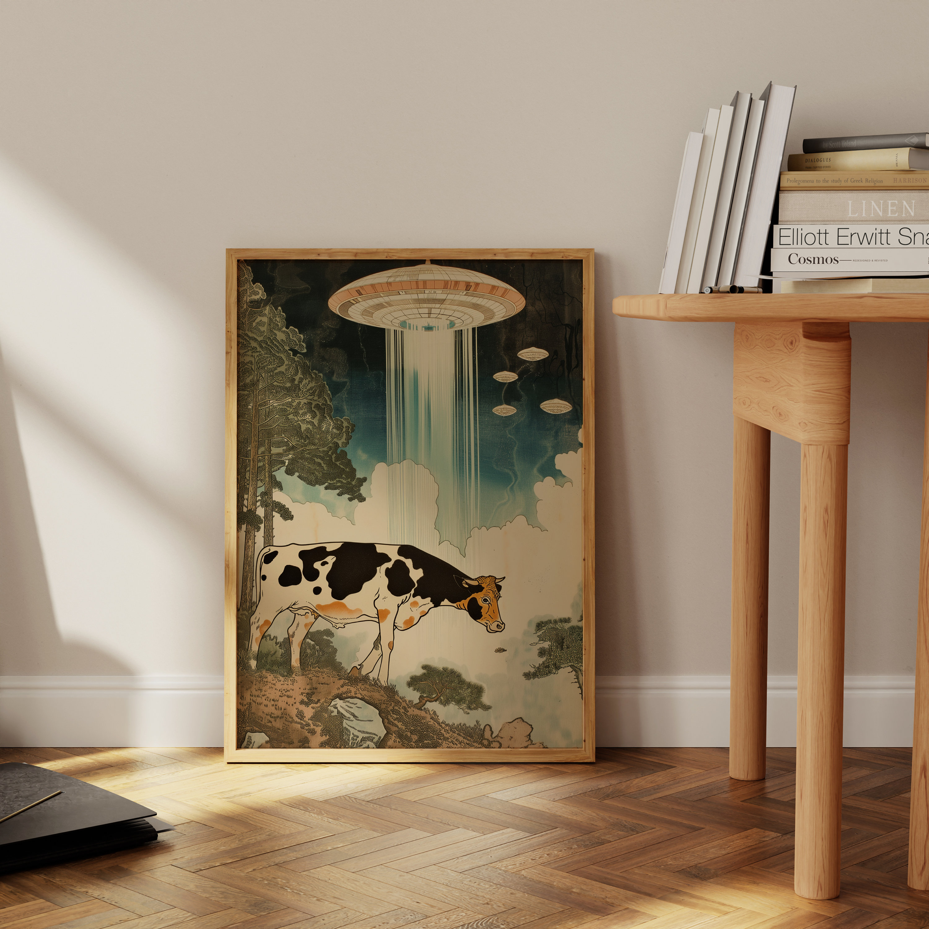 UFO Abduction of A Cow Painting, Japanese Style Animal Drawing, Funny ...