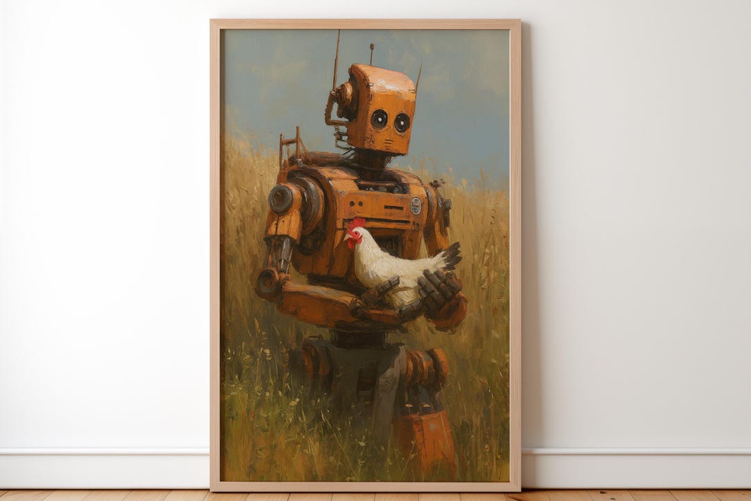 Rustic Robot Print, Whimsical Sci-fi Farm, Oil Painting, Cyborg With ...