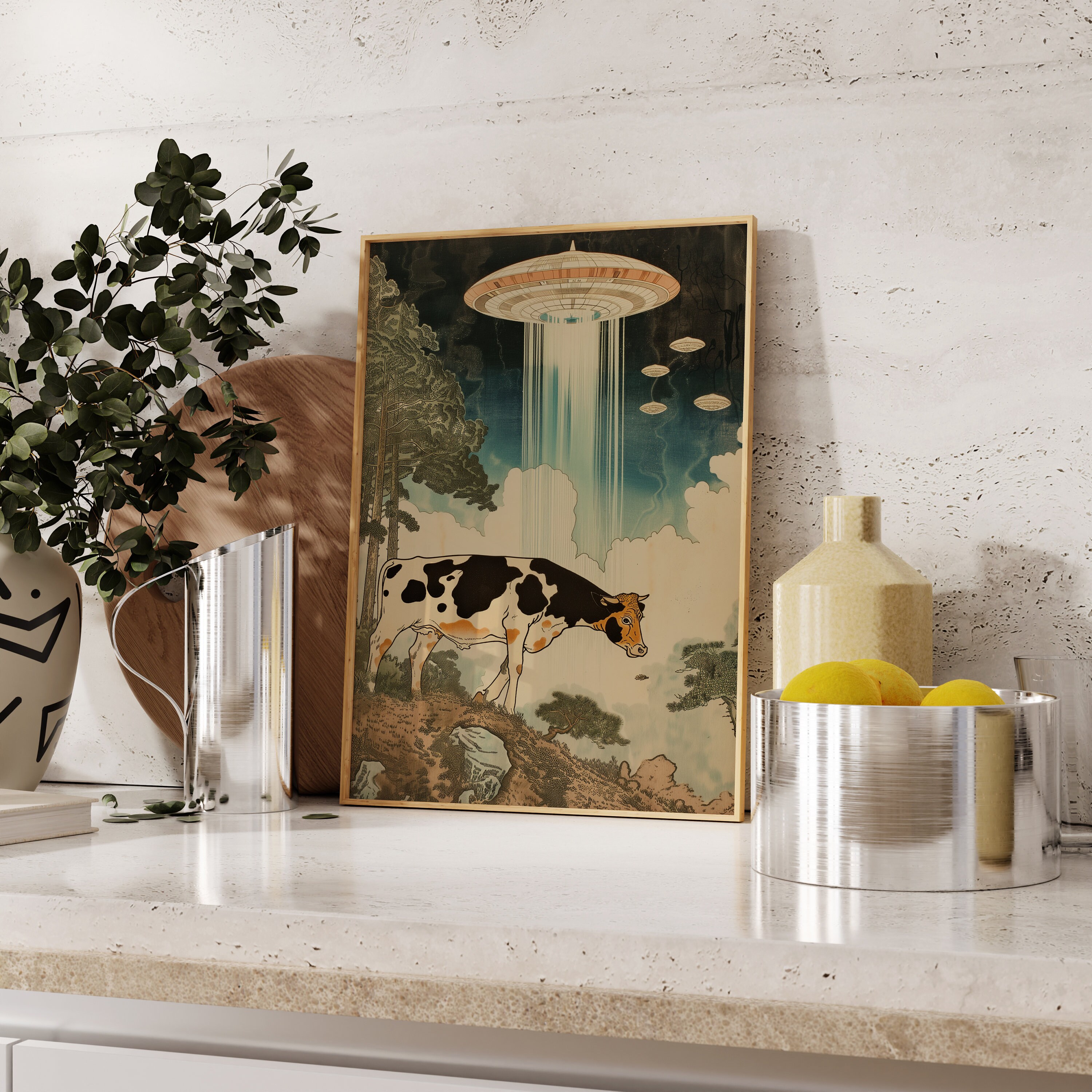 UFO Abduction of A Cow Painting, Japanese Style Animal Drawing, Funny ...