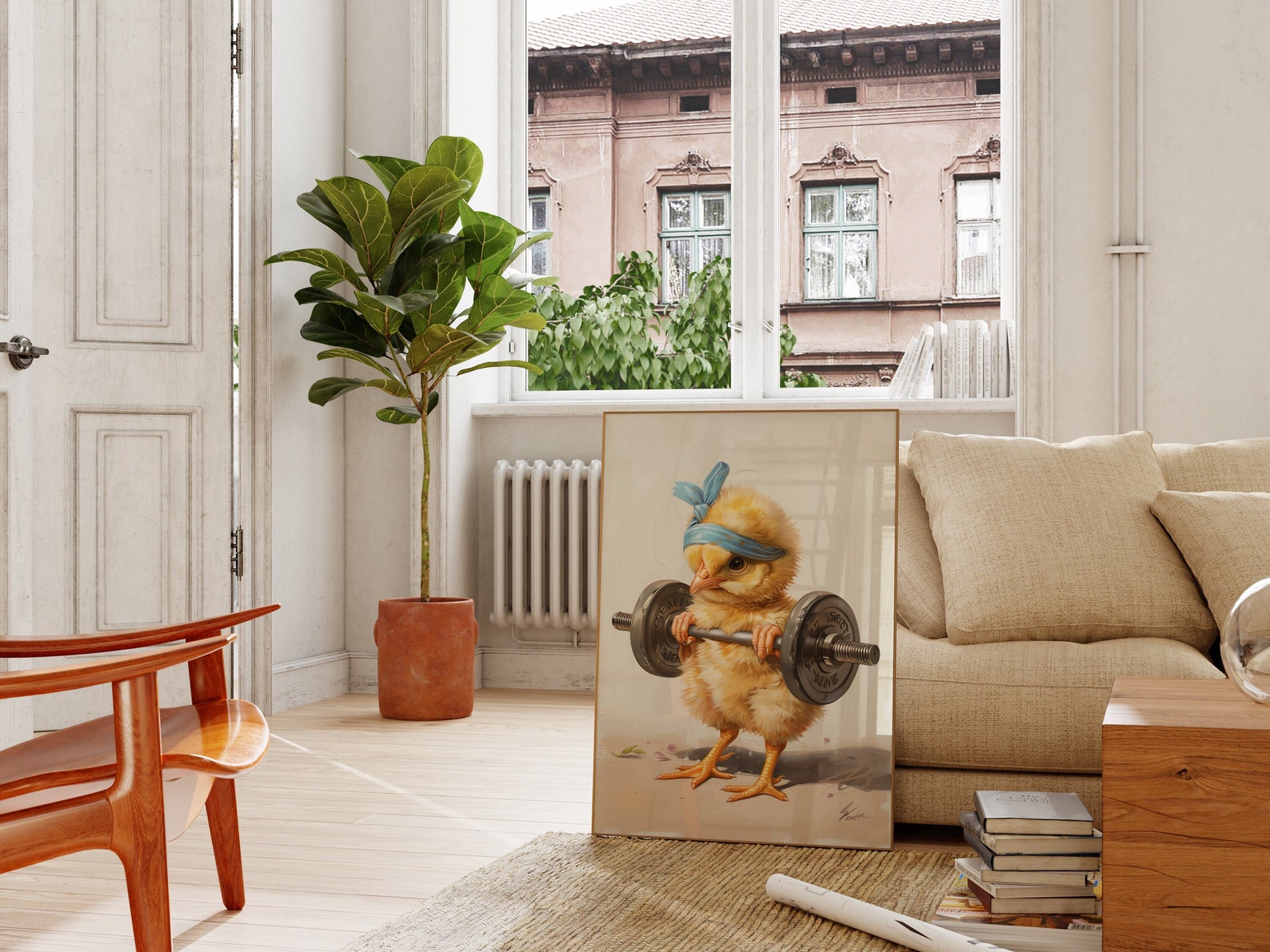 Baby Chicken Lifting Weights Painting, Funny Chick Workout Poster, Cute ...