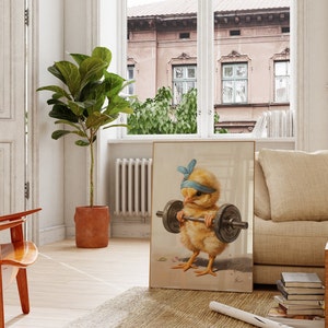 Baby Chicken Lifting Weights Painting, Funny Chick Workout Poster, Cute ...