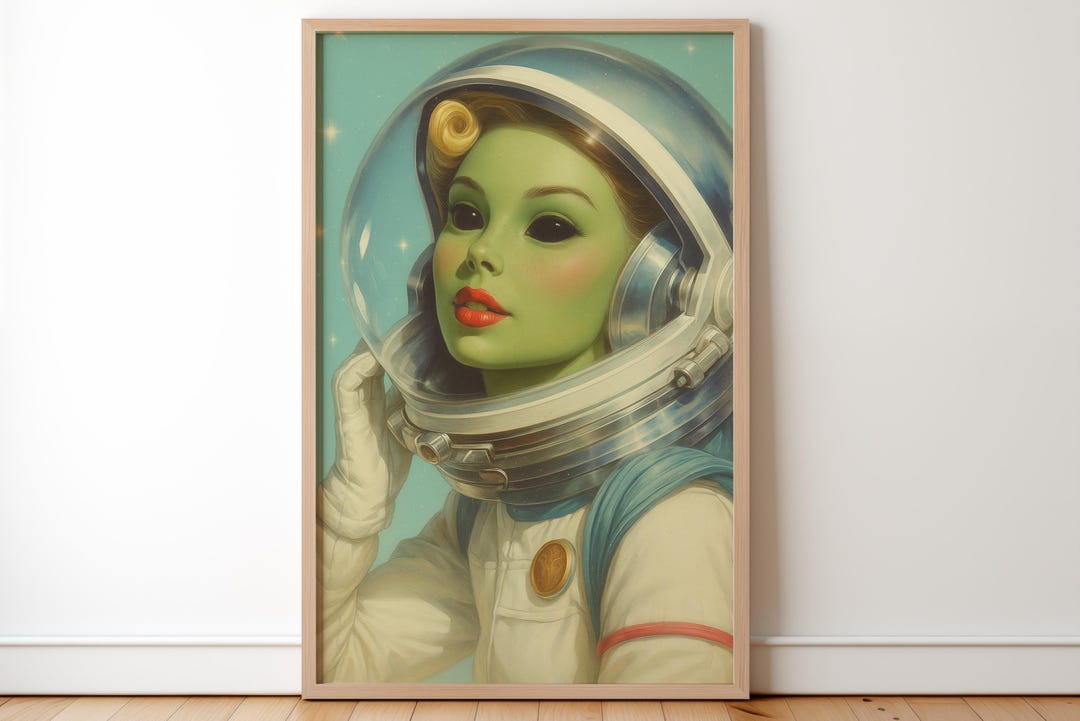 Retro Space Girl Poster, Green Alien Astronaut Art, Vintage Cosmic ...
