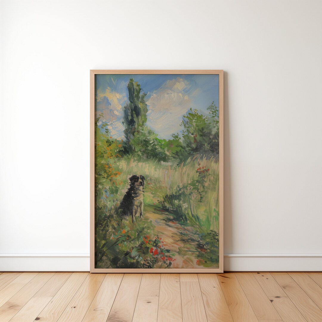 Monet Dog Sitting on a Grass Field Fine Art Painting, Cute Dog Sitting ...