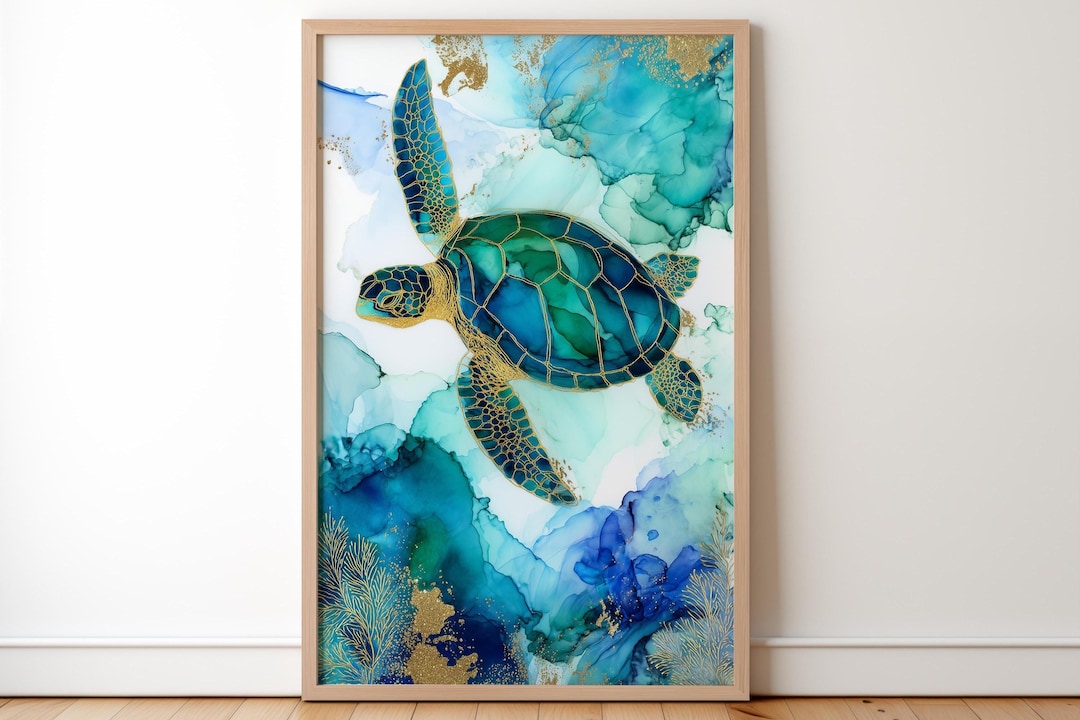 Vibrant Colorful Watercolor Sea Turtle Swimming Near Sea Shore, Wall ...