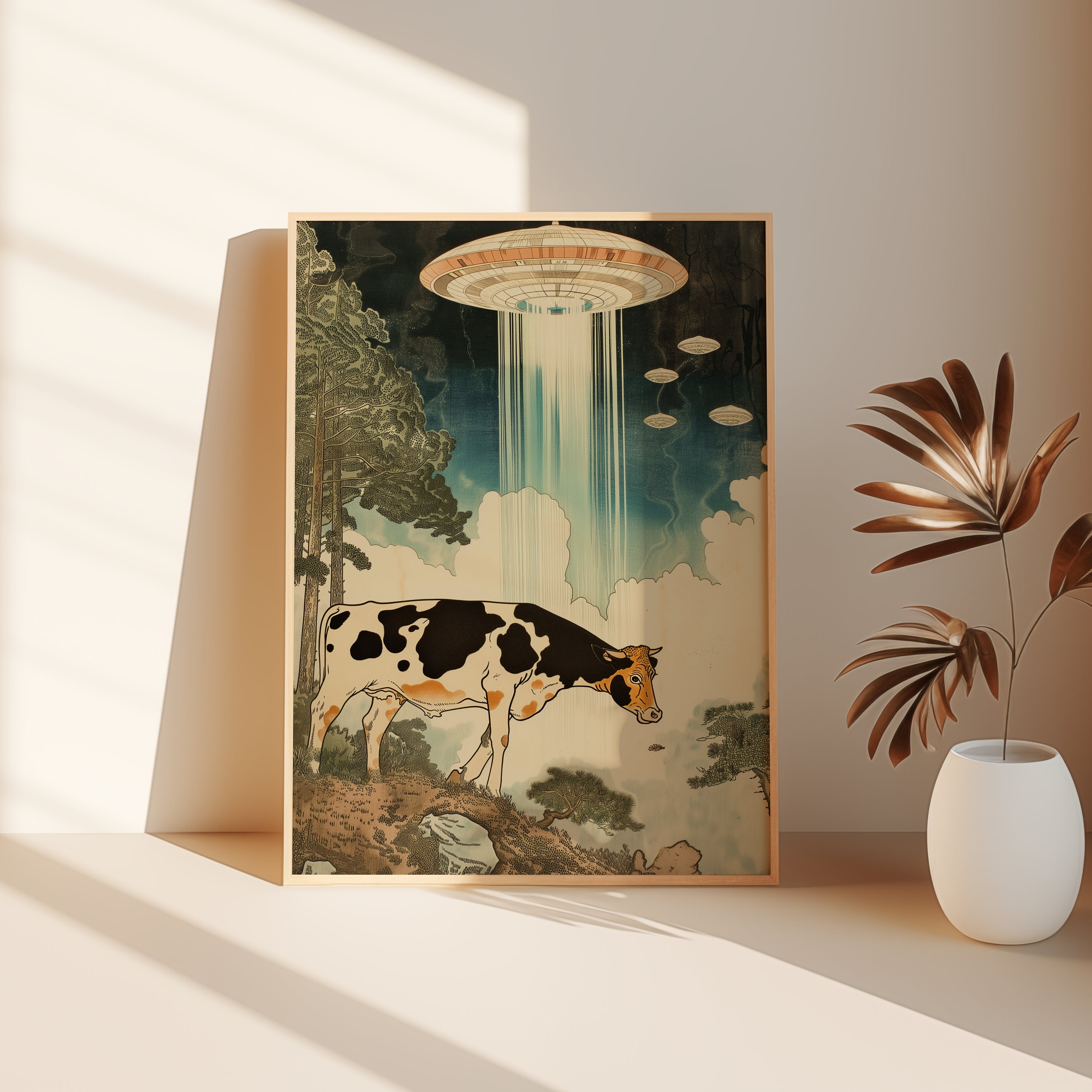 UFO Abduction of A Cow Painting, Japanese Style Animal Drawing, Funny ...