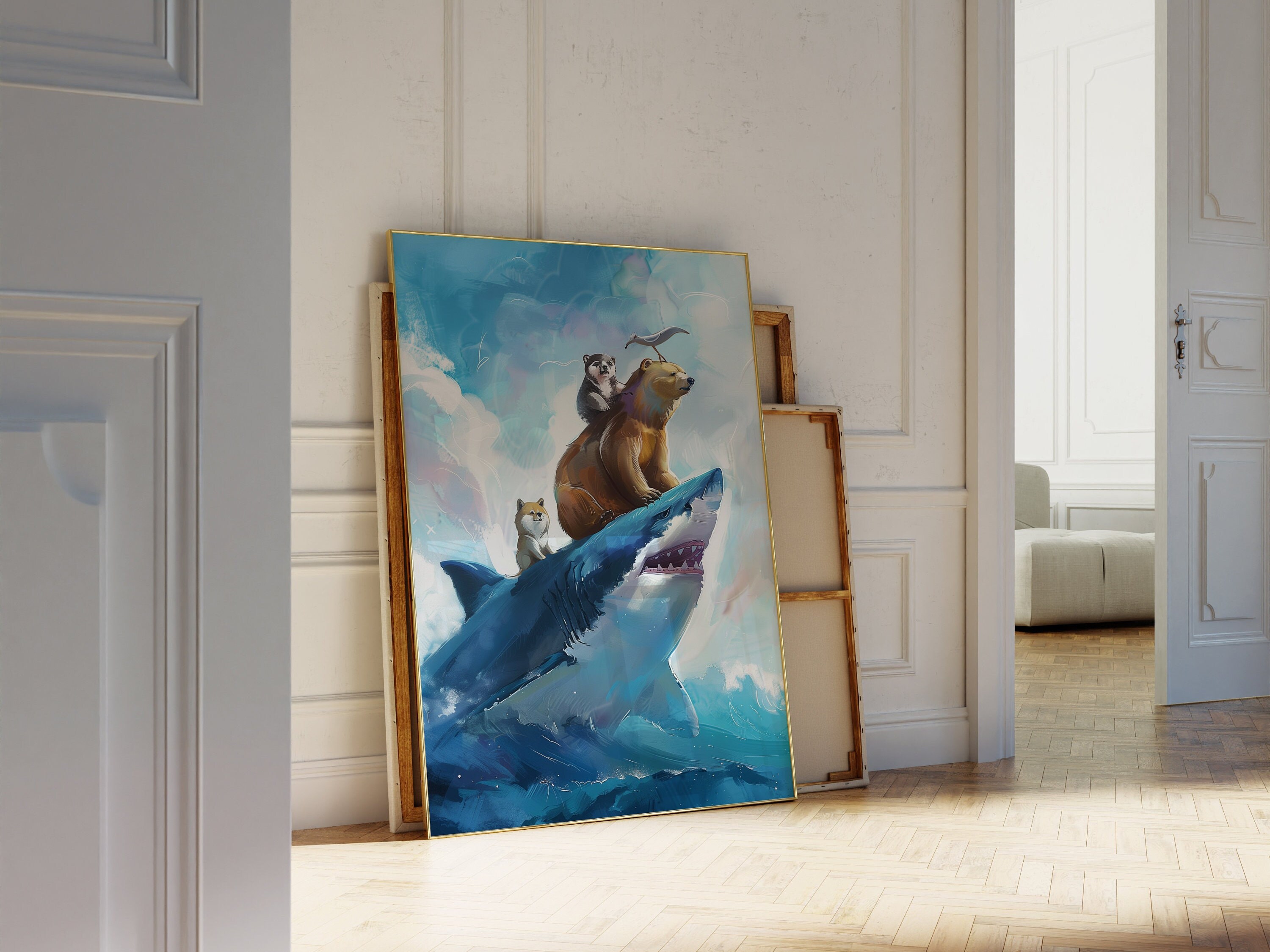 Animals Joyriding A Great White Shark Painting, Funny Bear Poster, Cute ...