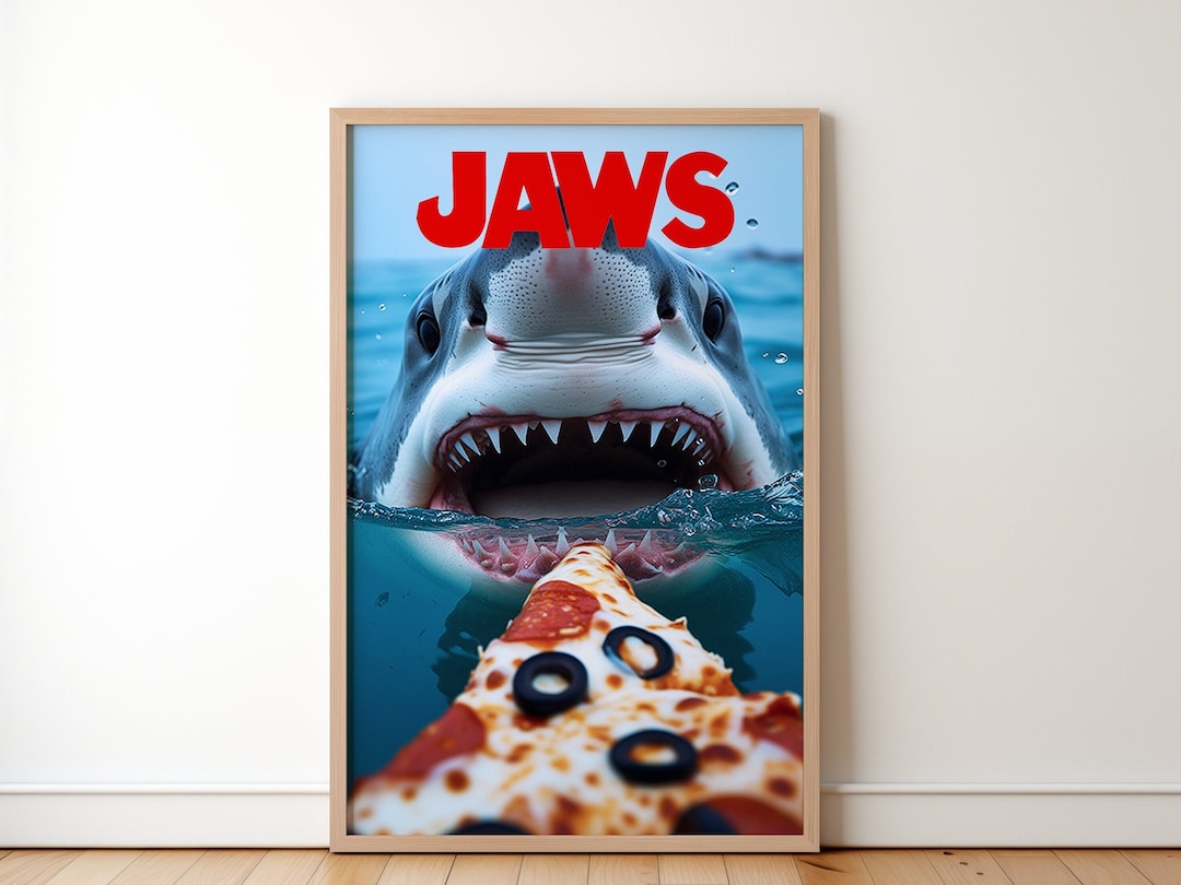 JAWS Eating Pepperoni and Olive Pizza Poster, Funny Shark Wall Decor ...