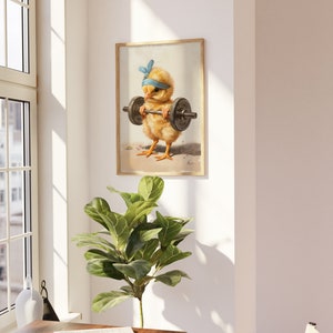 Baby Chicken Lifting Weights Painting, Funny Chick Workout Poster, Cute ...