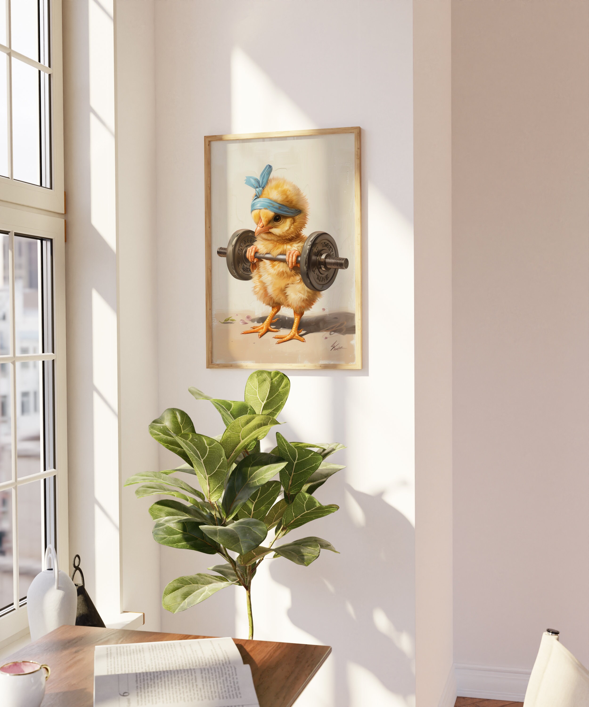 Baby Chicken Lifting Weights Painting, Funny Chick Workout Poster, Cute ...