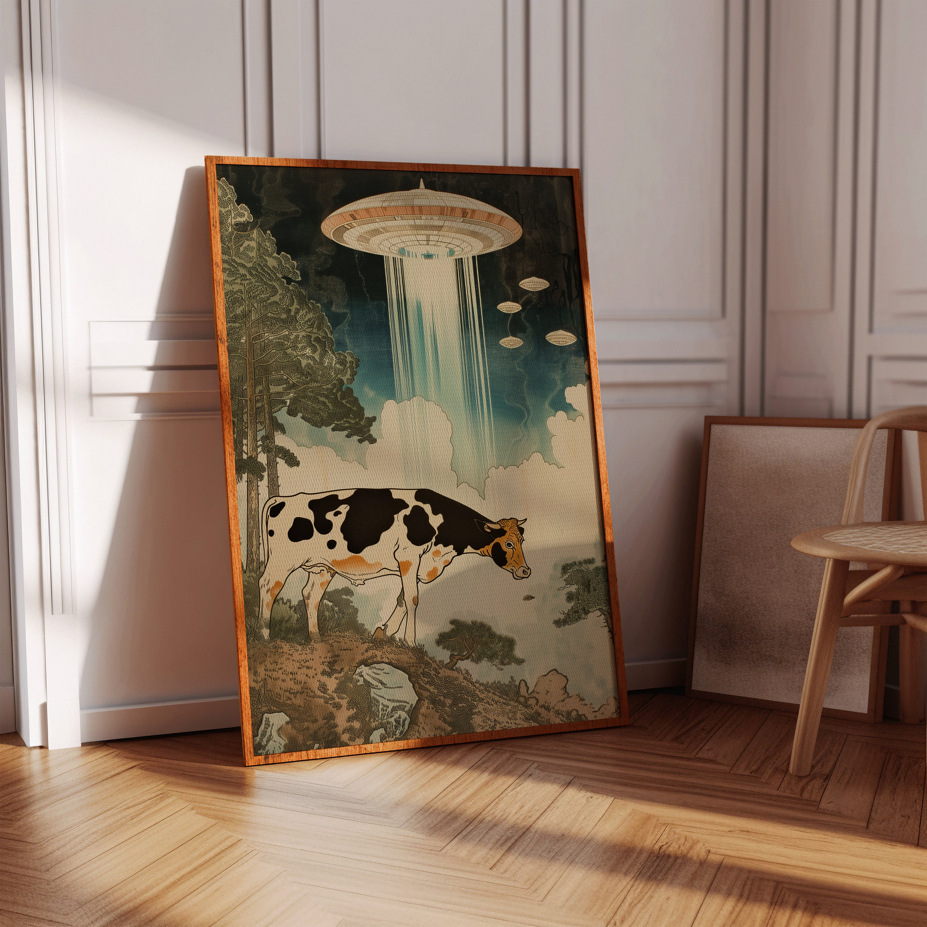 UFO Abduction of A Cow Painting, Japanese Style Animal Drawing, Funny ...