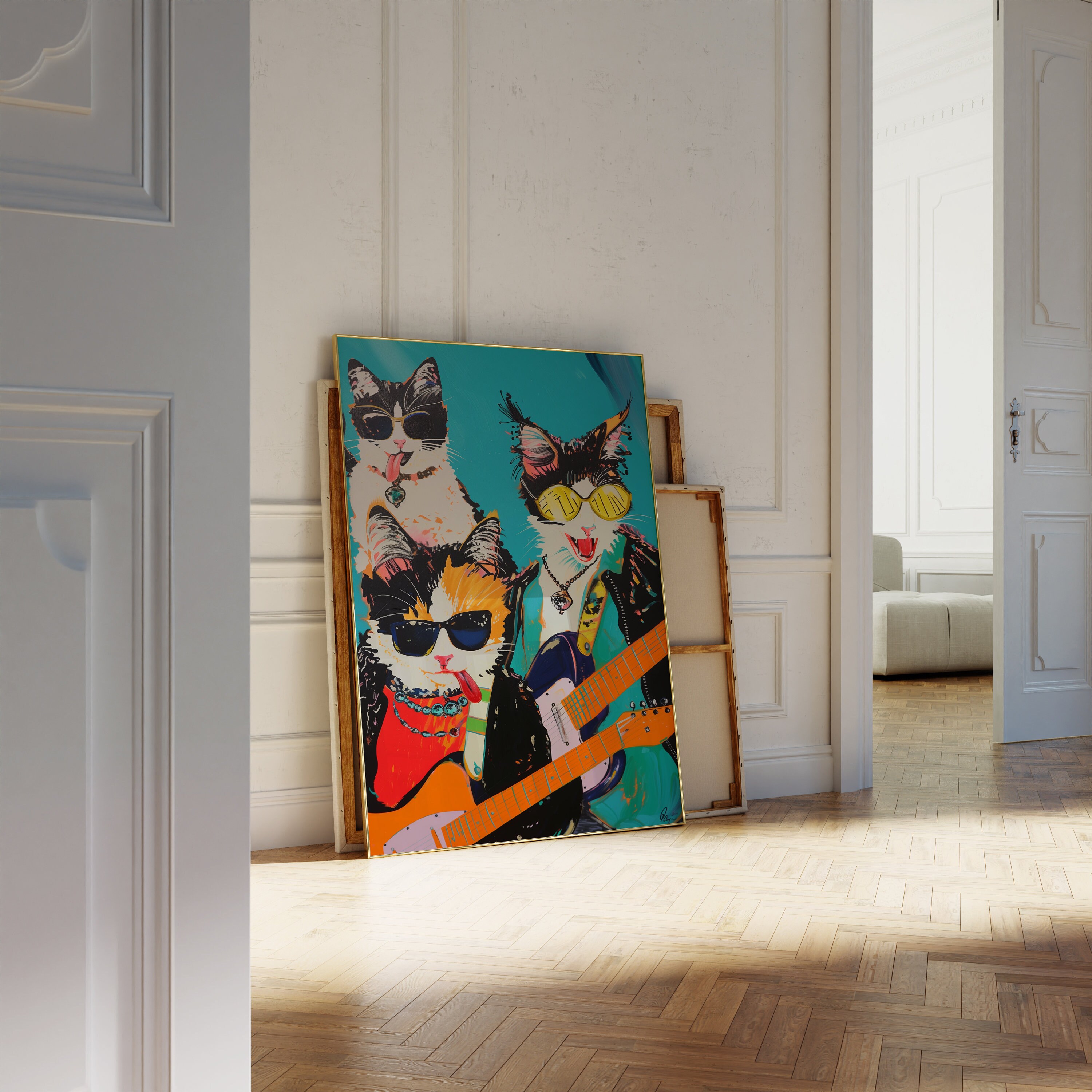 Three Cats From 1980s Wearing Shades With Electric Guitars Poster ...