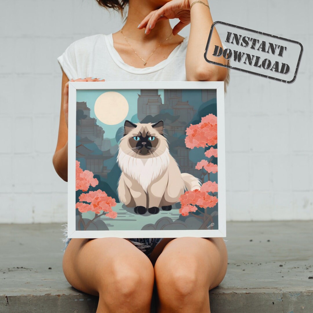 Kitty Printable Cat Art Instant Digital Download Ragdoll Cat Housewarming Gift Cute Cat Floral ...