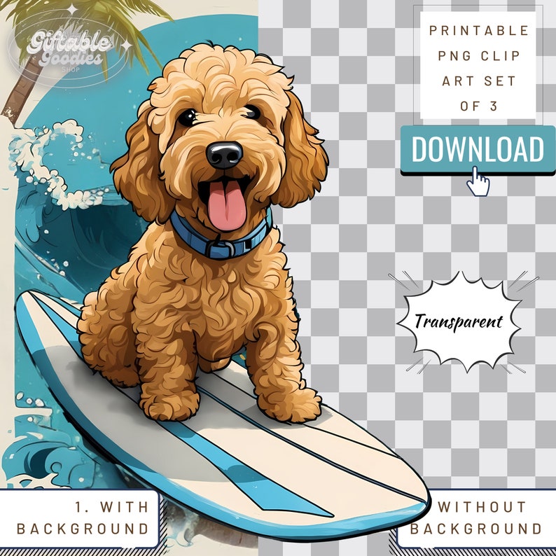 Golden Doodle Dog PNG Clip Art Set of 3 Dog on Beach Surfing Funny ...