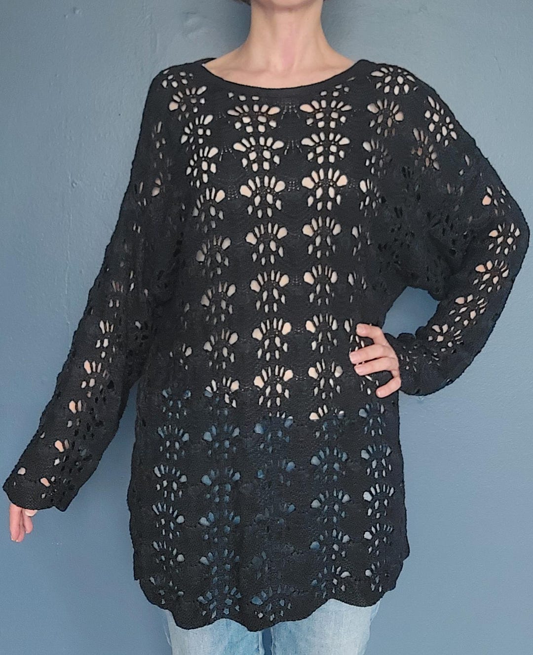 Vintage 1990s Spiegel Elements Open Weave Tunic Length Black Sweater ...