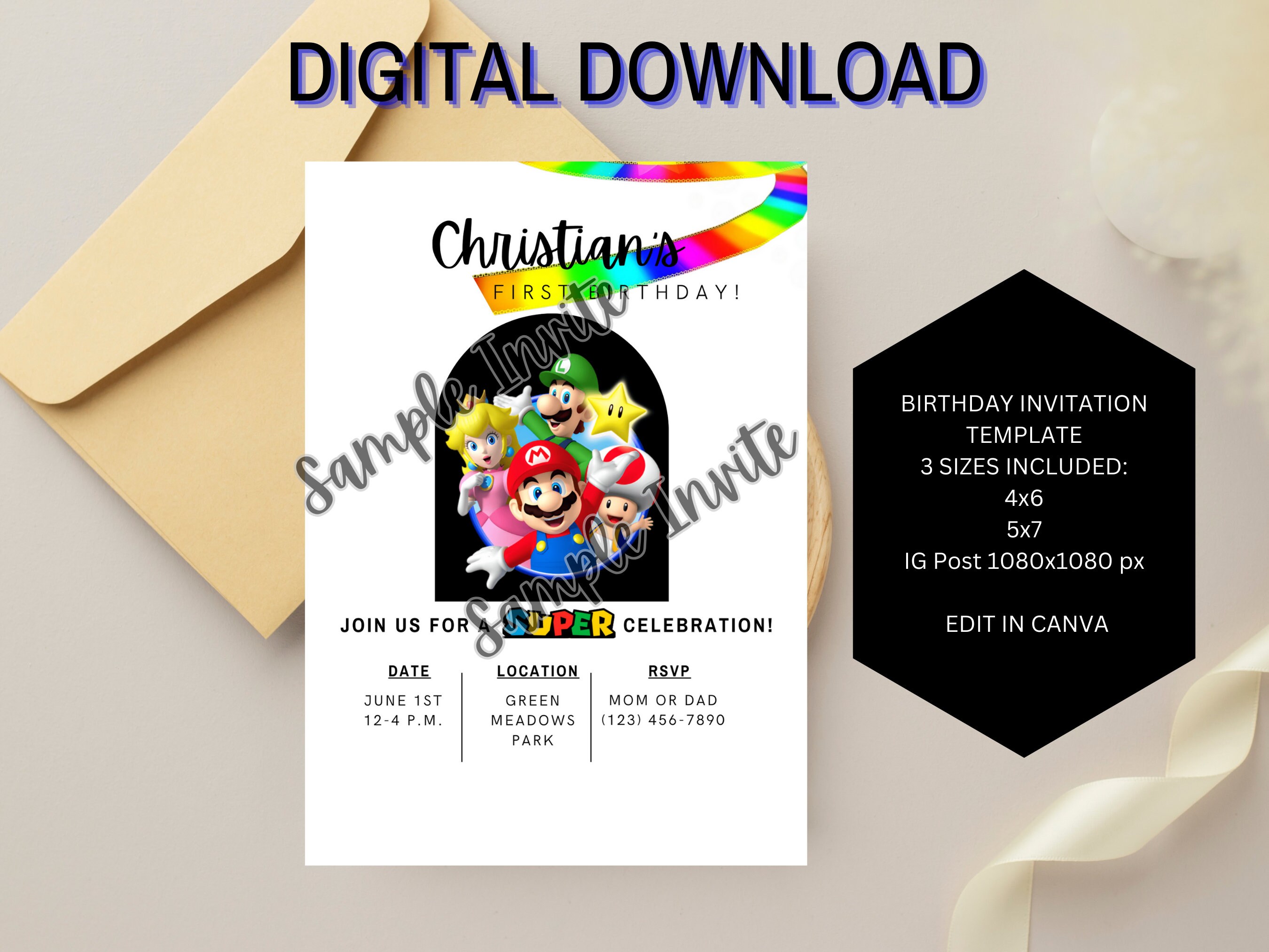 Super Mario Birthday Invitation Digital Invitation Editable Template ...
