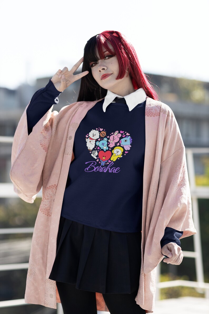 Cute BTS Fan Merch, K-pop Cartoon Characters T-shirt, Heart & Music ...