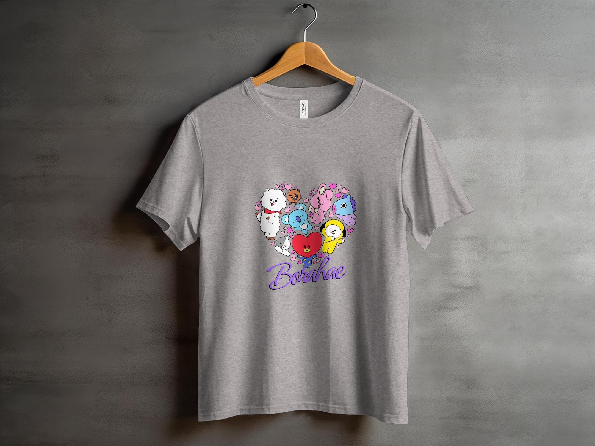 Cute BTS Fan Merch, K-pop Cartoon Characters T-shirt, Heart & Music ...