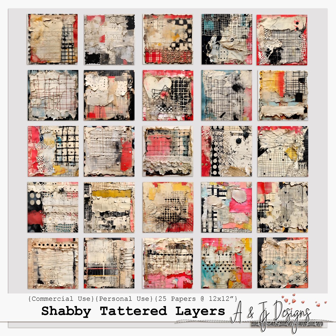 Shabby Tattered Layers, Vintage Mixed Media Junk Journal Papers, Grunge ...