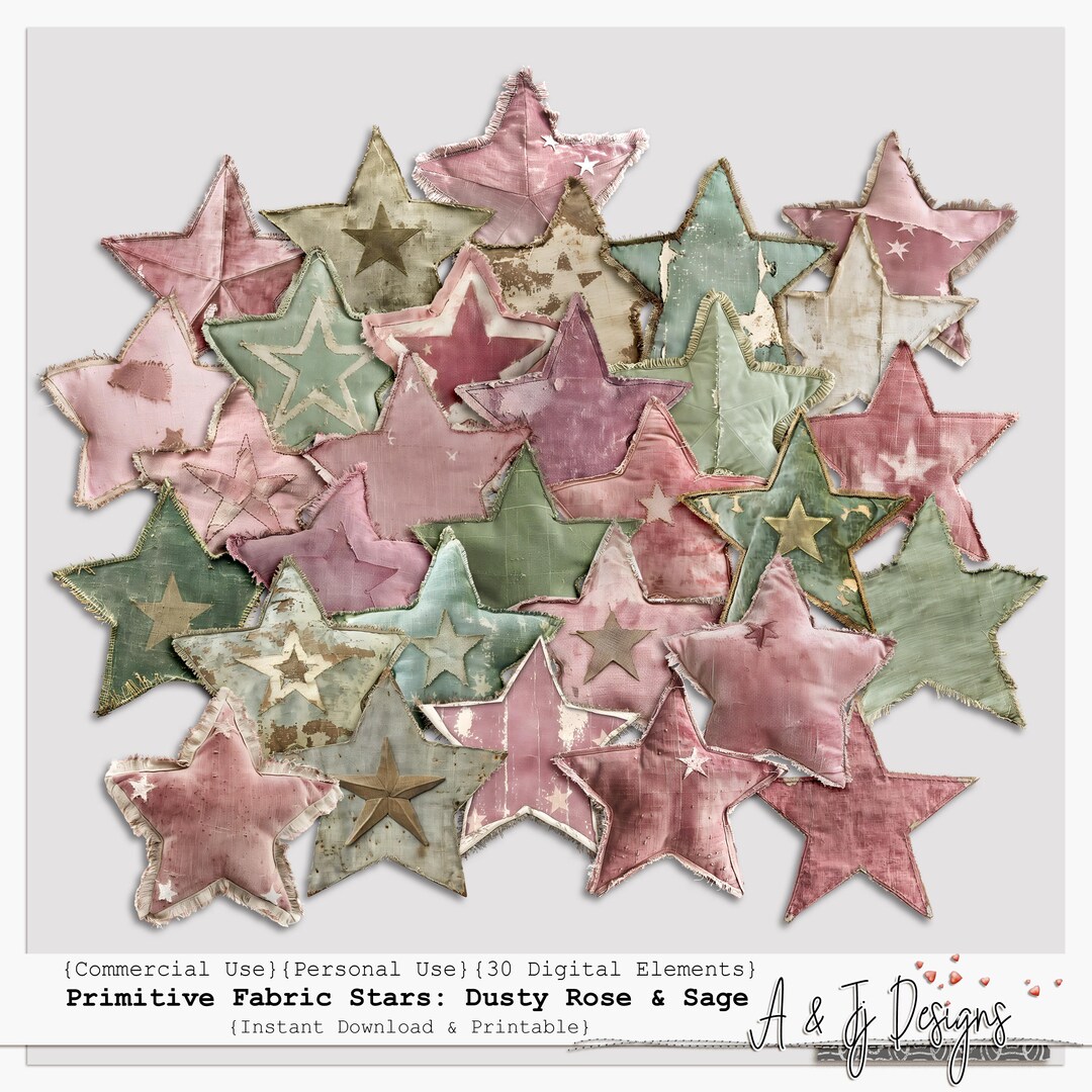 Primitive Fabric Stars: Dusty Rose & Sage | Vintage Folk Stitch Style ...