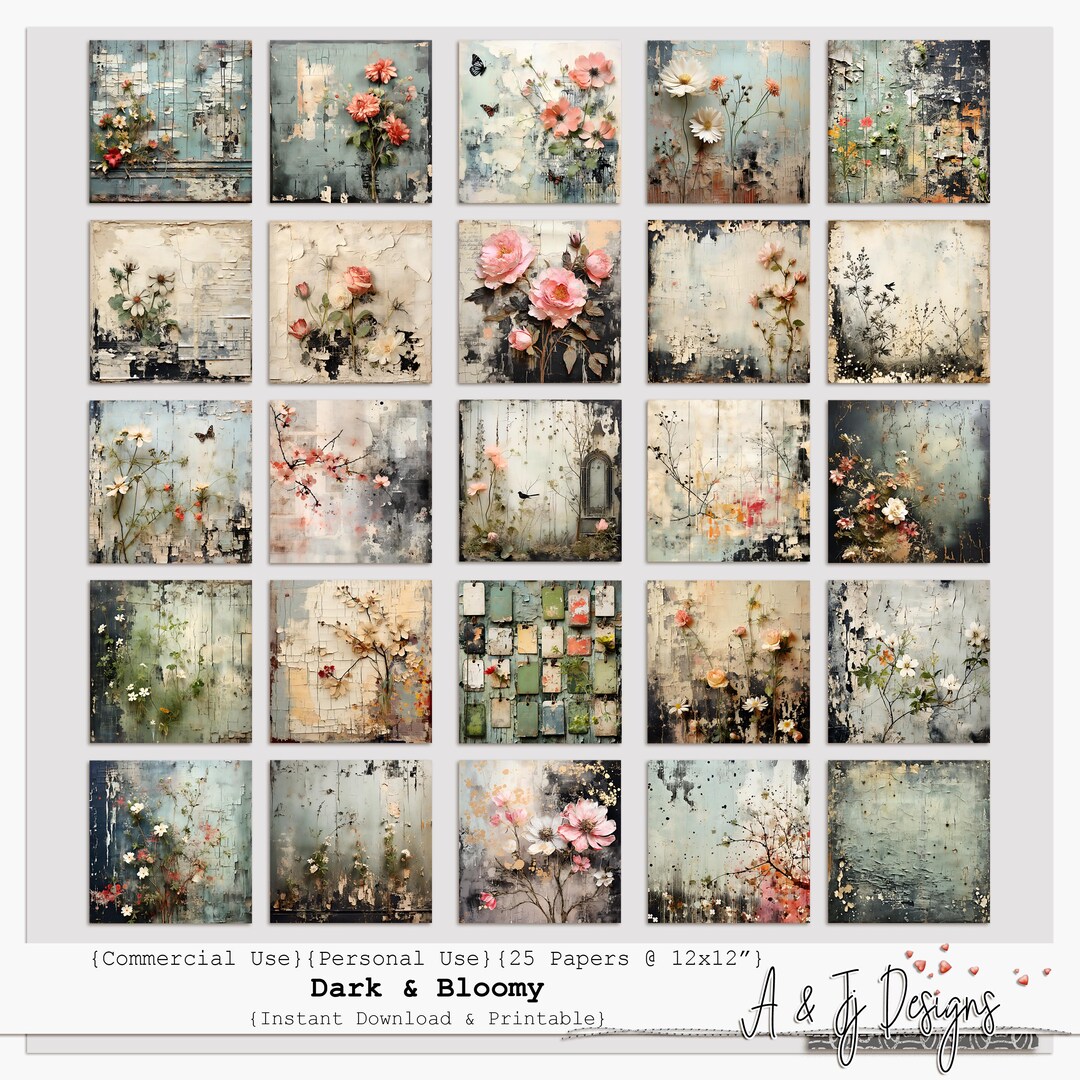 Dark & Bloomy | 25 Vintage Floral Digital Paper Pack | Flower ...