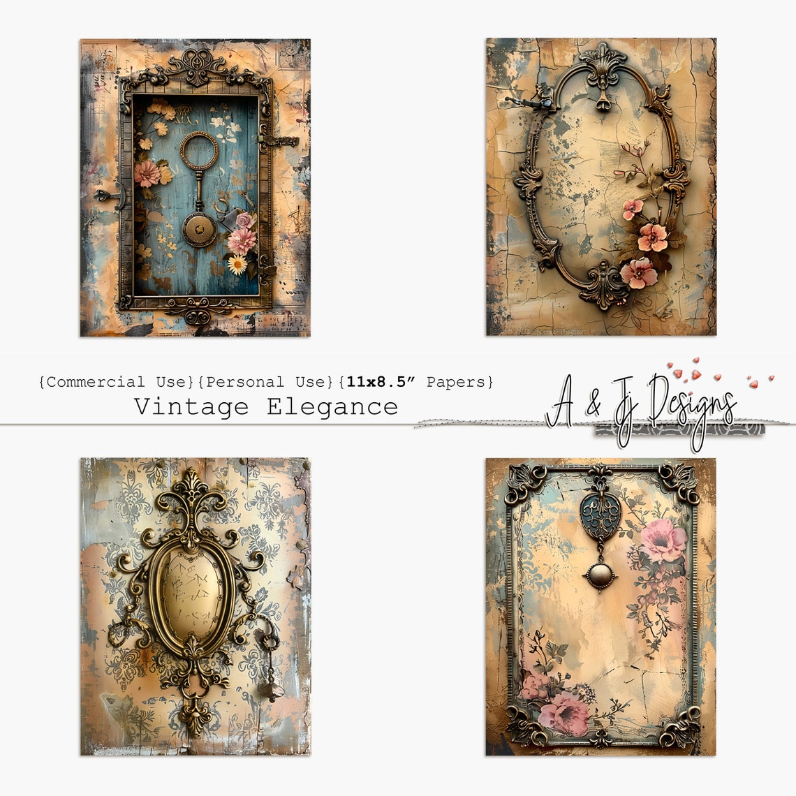 Vintage Elegance, Commercial Use, Printable, 11x8.5", Junk Journals ...
