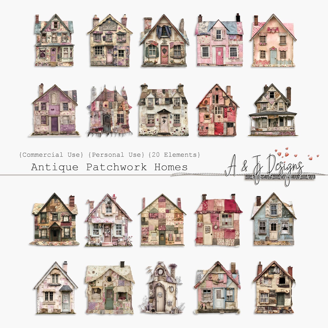 Antique Patchwork Homes, Junk Journal Images, Commercial Use, POD, Scrapbooking, Junk Journal ...