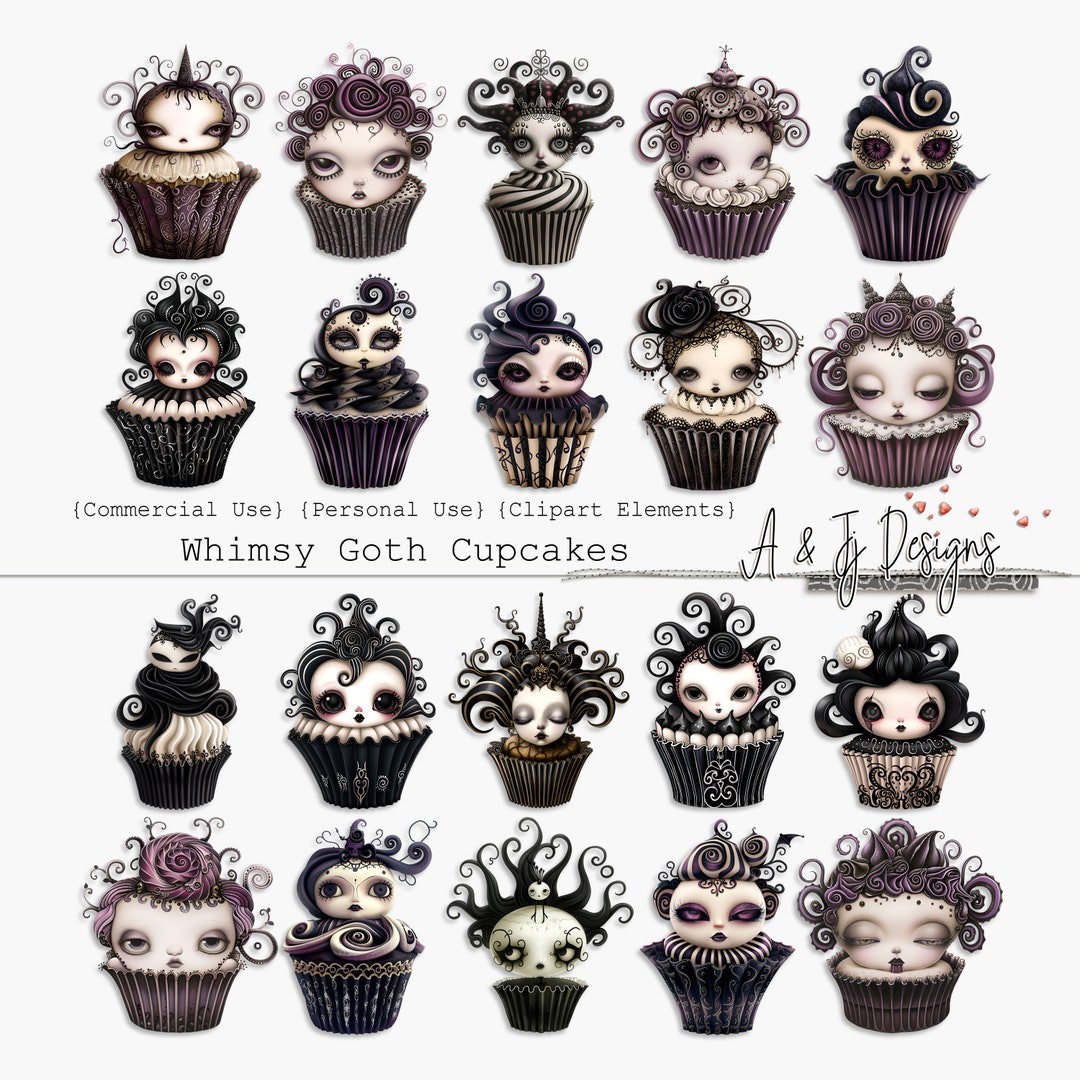 Whimsy Goth Cupcakes Clipart Elements, Commercial Use, Halloween Junk ...