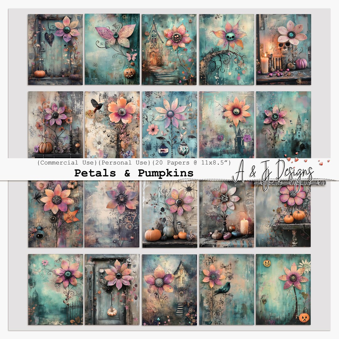 Petals & Pumpkins, Autumn Floral and Pumpkin Designs, 20 Papers for Junk Journals, Scrapbooking ...