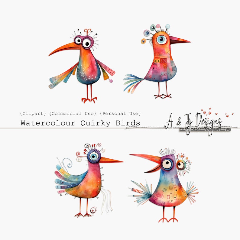 Watercolour Quirky Birds, Clipart, CU, Printables, Junk Journals, Mixed ...