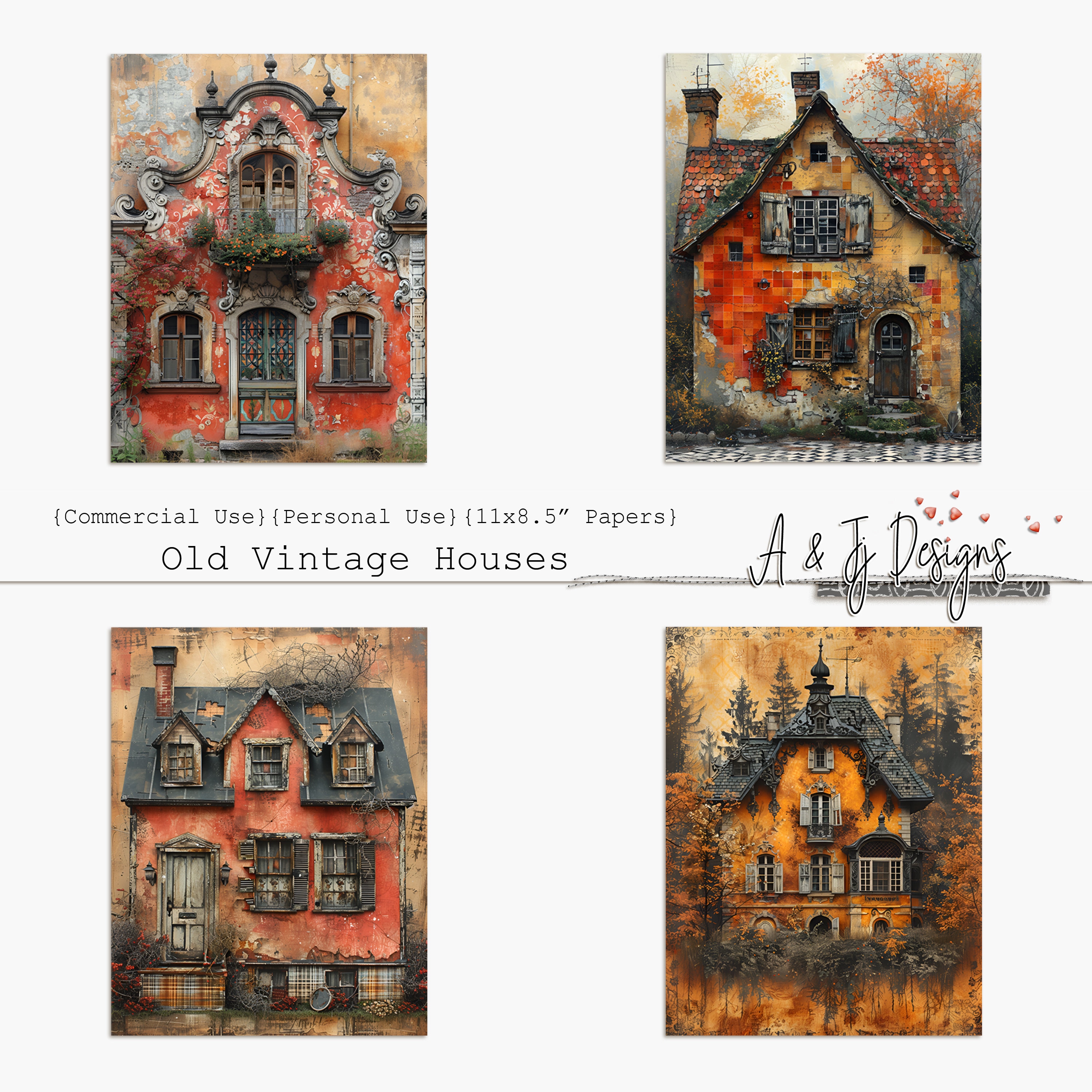 Old Vintage Houses Papers, CU, PU, Printable, 11x8.5", JPG, Junk ...
