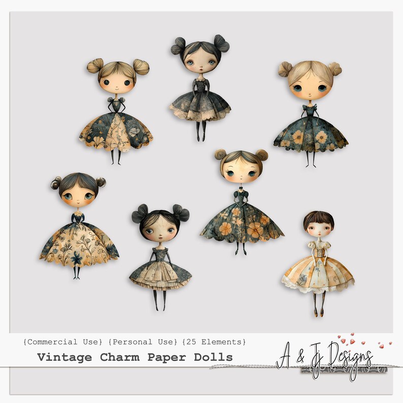 Vintage Charm Paper Dolls, Junk Journal Ephemera, Digital Doll Cutouts ...