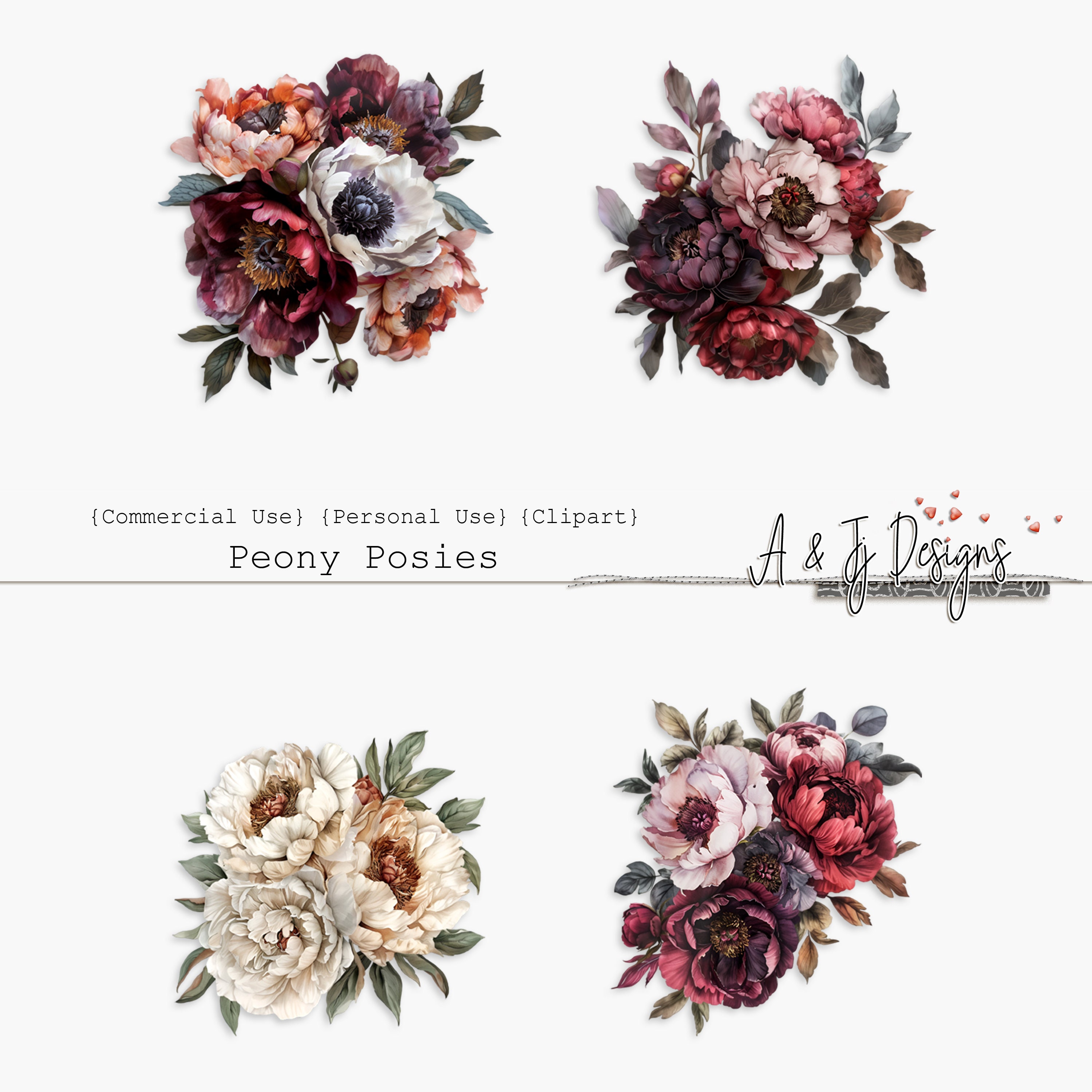 Peony Posies, Clipart, Commercial Use , Printable, Junk Journals, Mixed ...