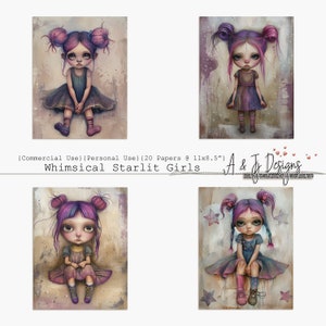 Whimsical Starlit Girls, 20 Junk Journal Papers, Scrapbooking ...