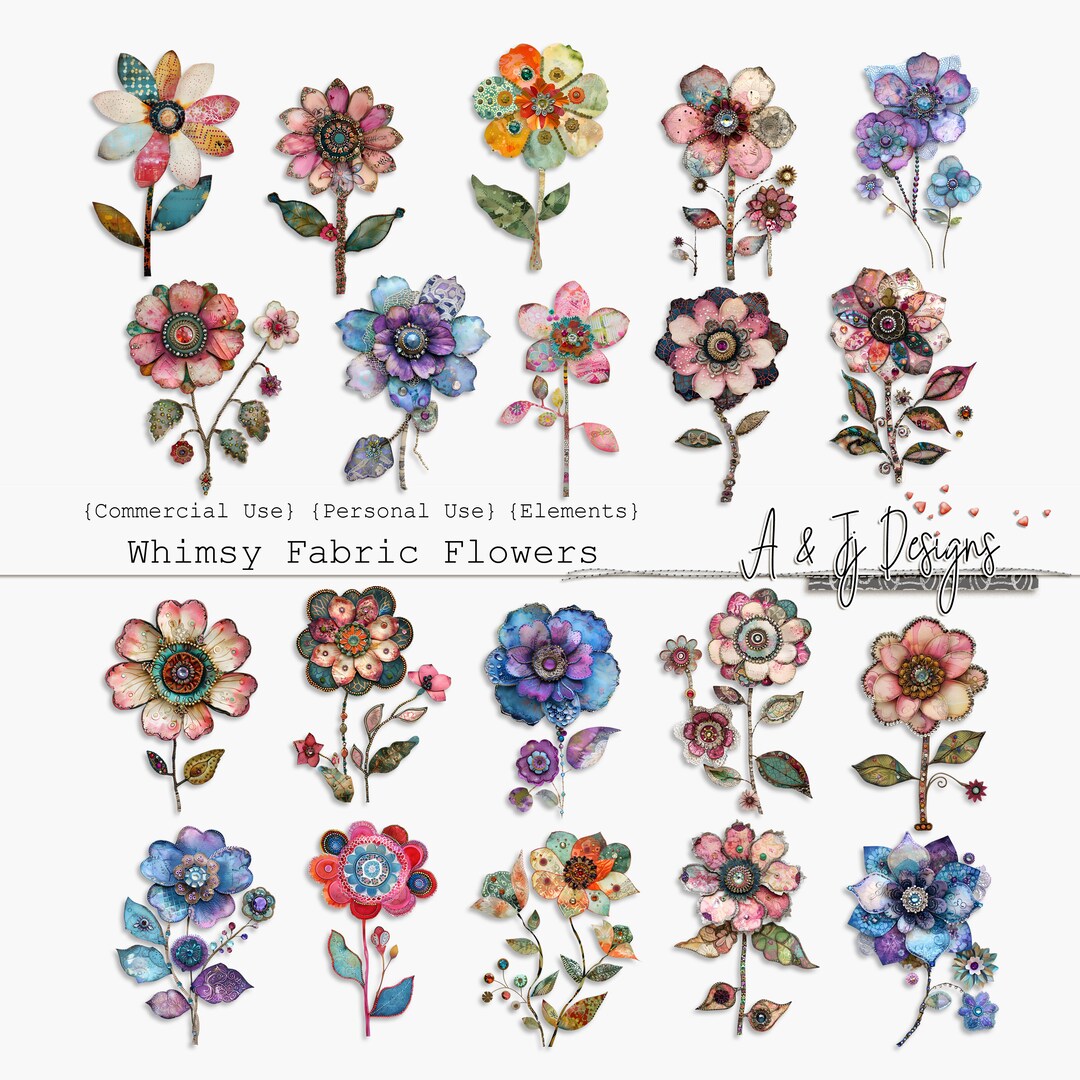Whimsy Fabric Flowers, CU, PU, Clipart, Elements, Ephemera, Printable ...