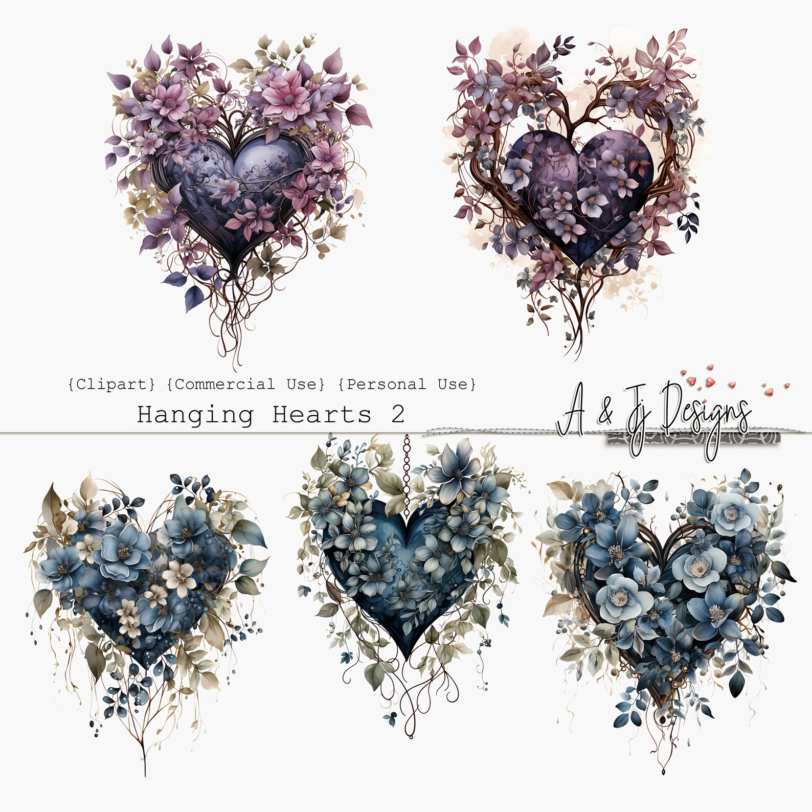 Hanging Hearts 2, Clipart, CU, Printables, Junk Journals, Mixed Media ...