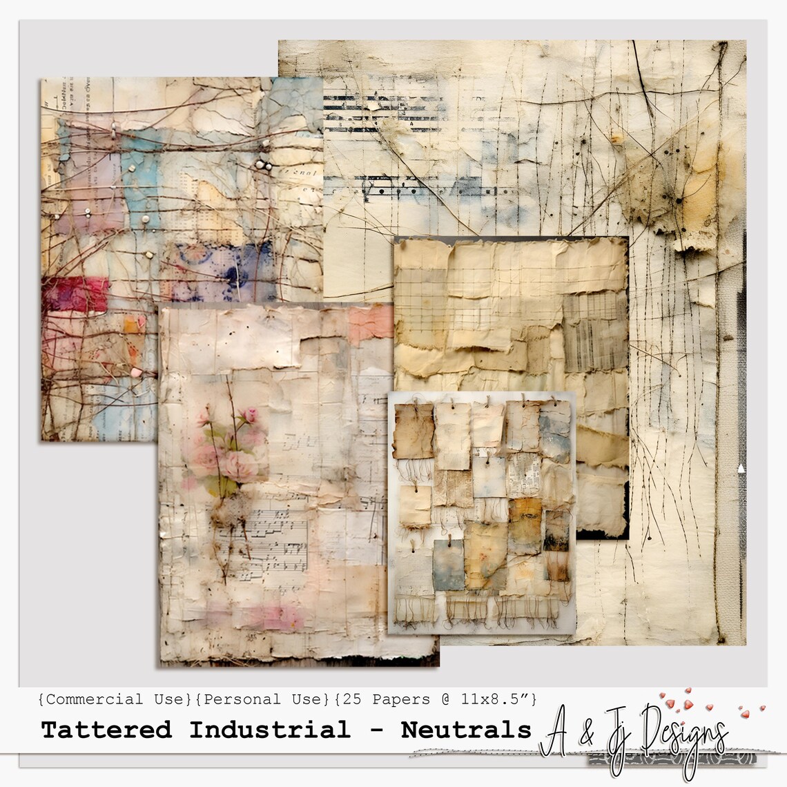 Tattered Industrial Neutrals, Junk Journal Digital Papers, Vintage ...
