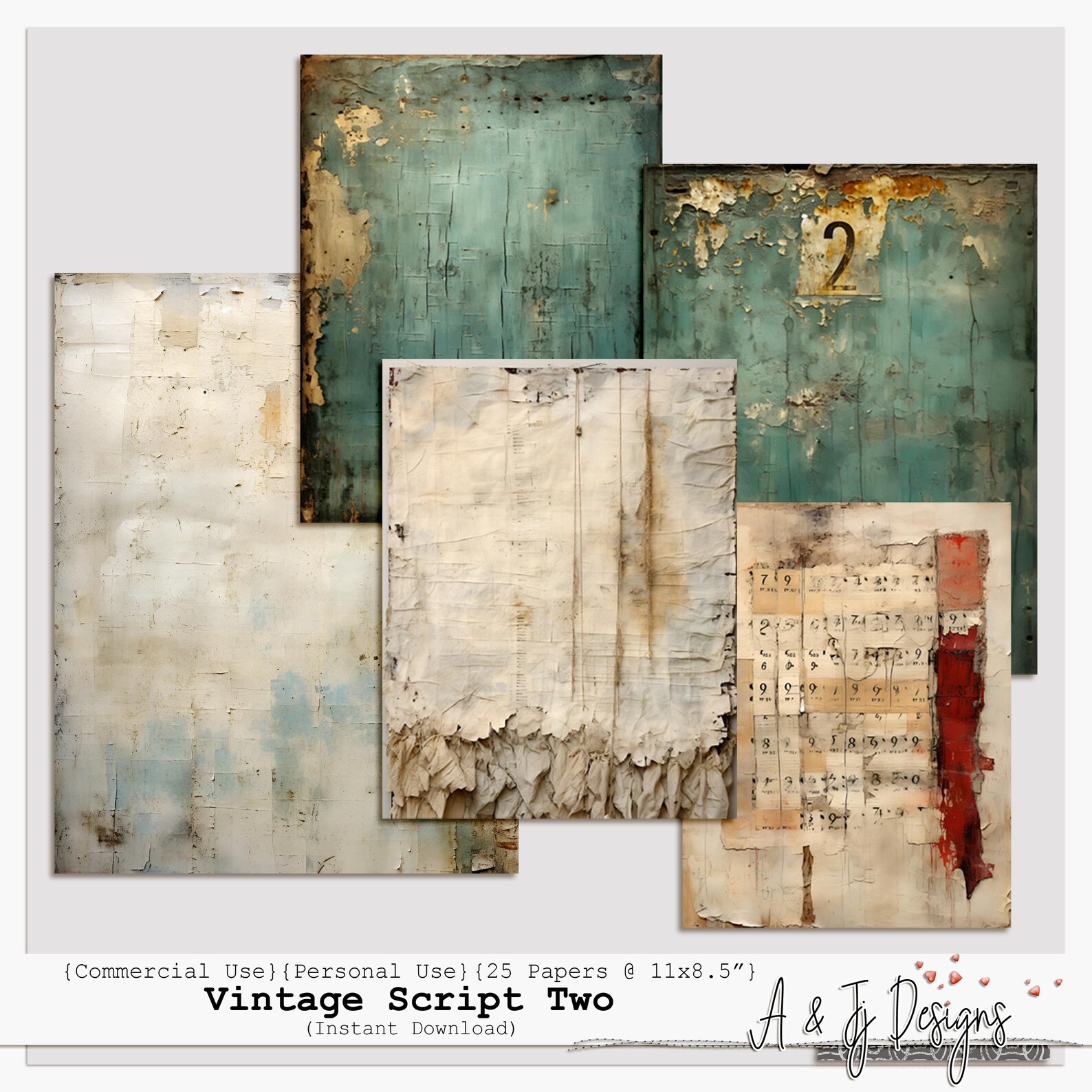 Vintage Script Two, Numbers & Textured Papers, Grunge Collage Digital ...
