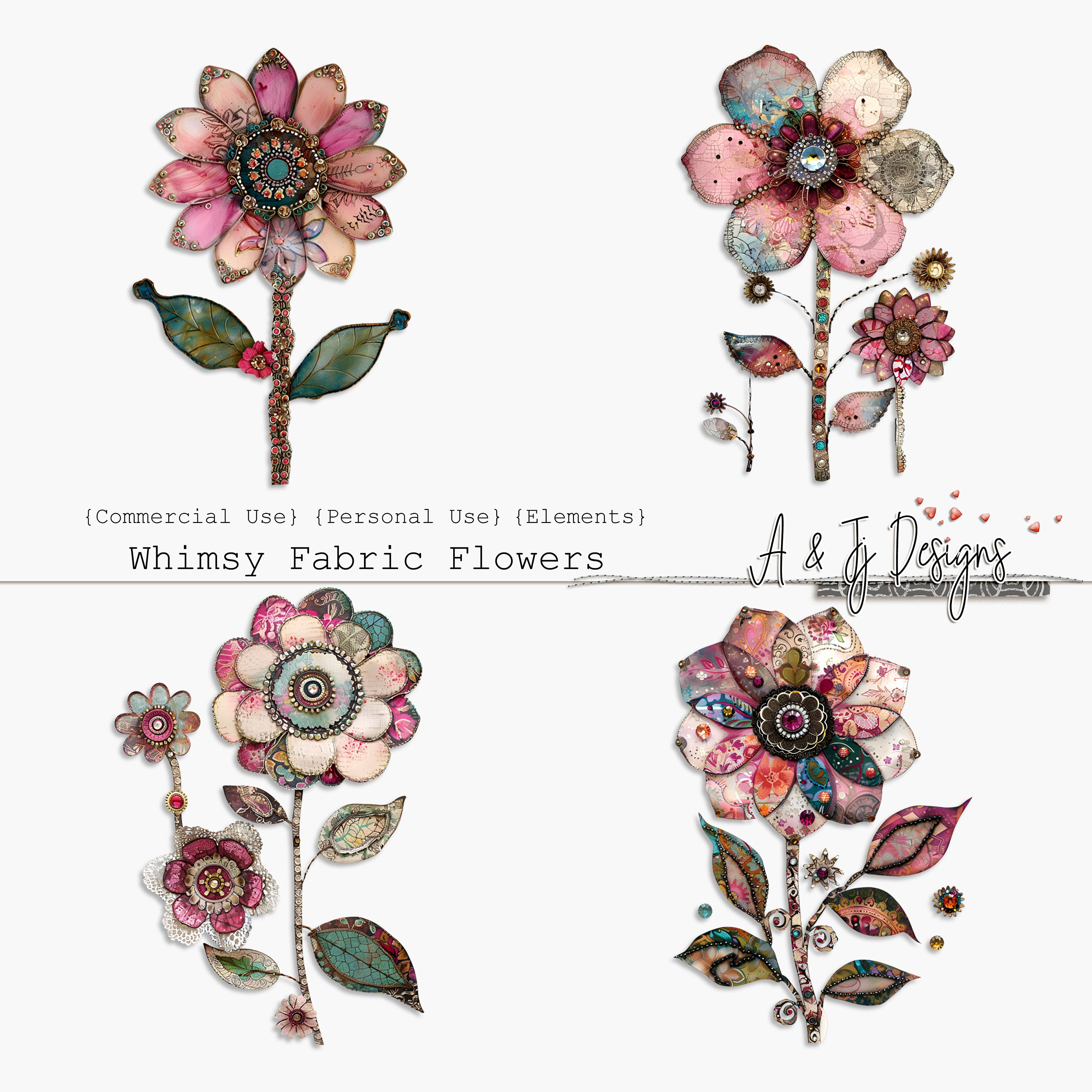 Whimsy Fabric Flowers, CU, PU, Clipart, Elements, Ephemera, Printable ...