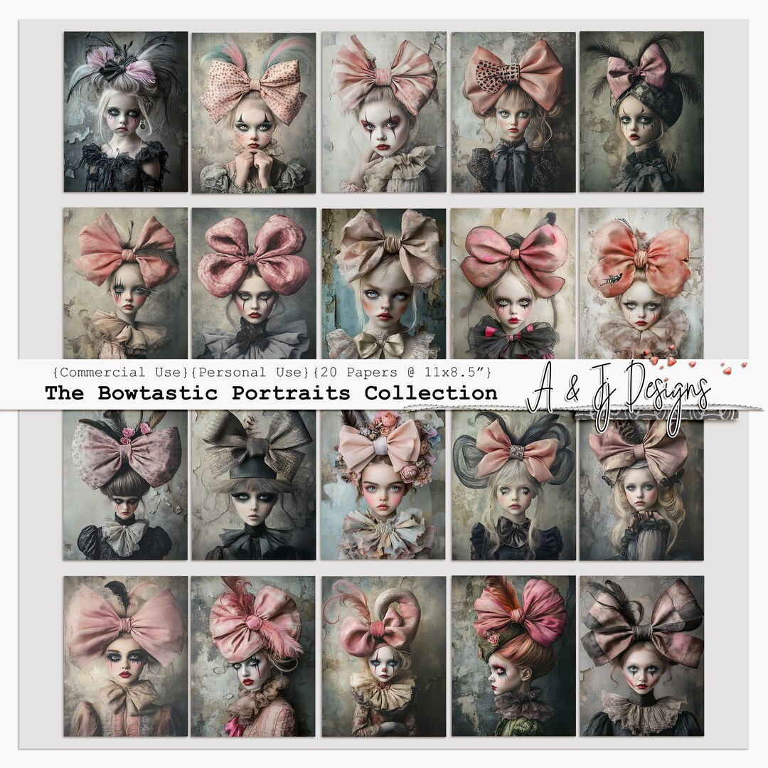 The Bowtastic Portraits Collection, 20 Digital Papers, Whimsical Bows ...