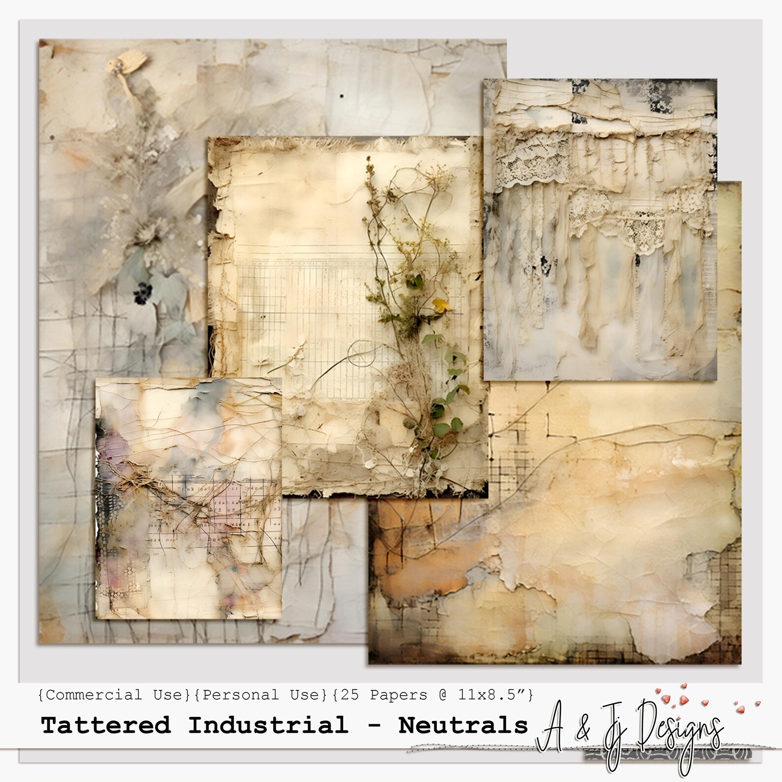 Tattered Industrial Neutrals, Junk Journal Digital Papers, Vintage ...